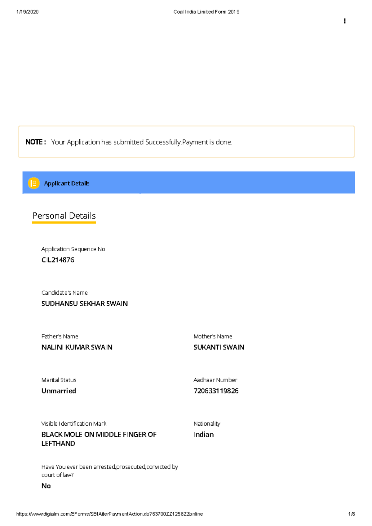 Exam 2019 - NOTE : Your Application has submitted Successfully is done ...