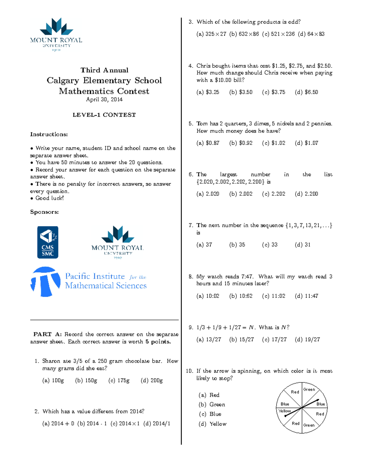 Cesmc 2014 Level 1 Contest Paper - Third Annual Calgary Elementary ...