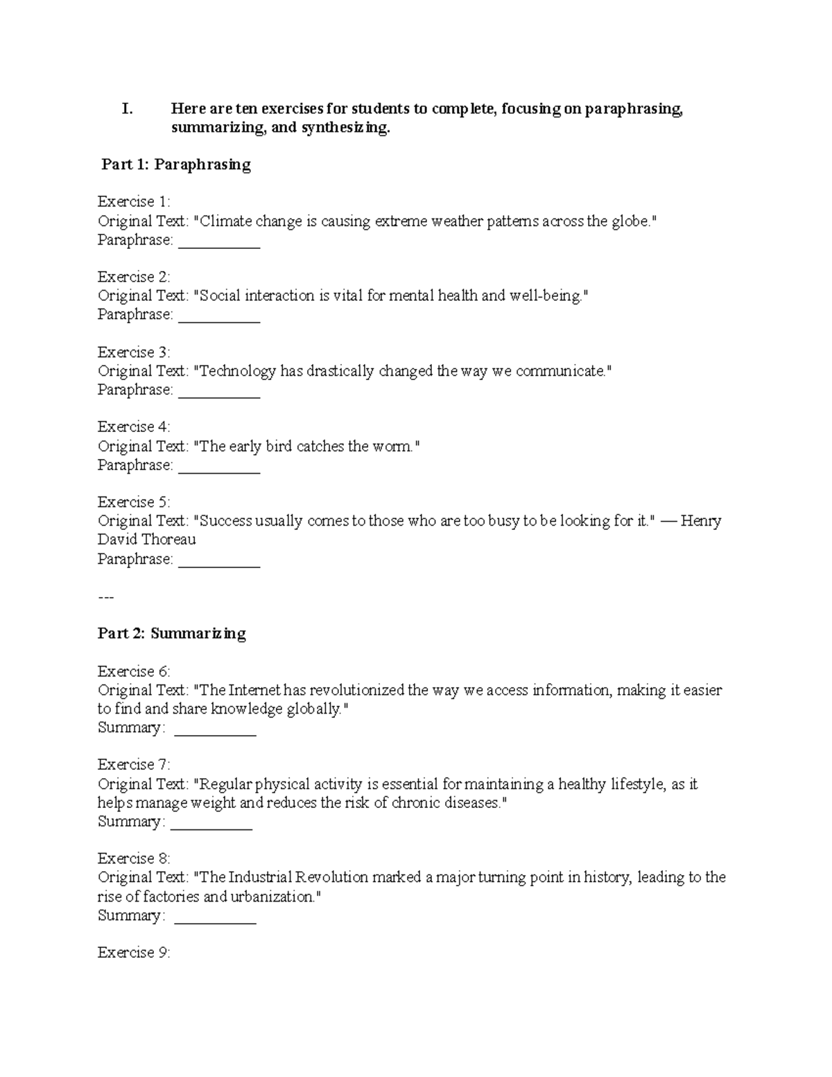 Quiz Paraphrasing, Summarizing, and Synthesis - I. Here are ten exercises for students to ...