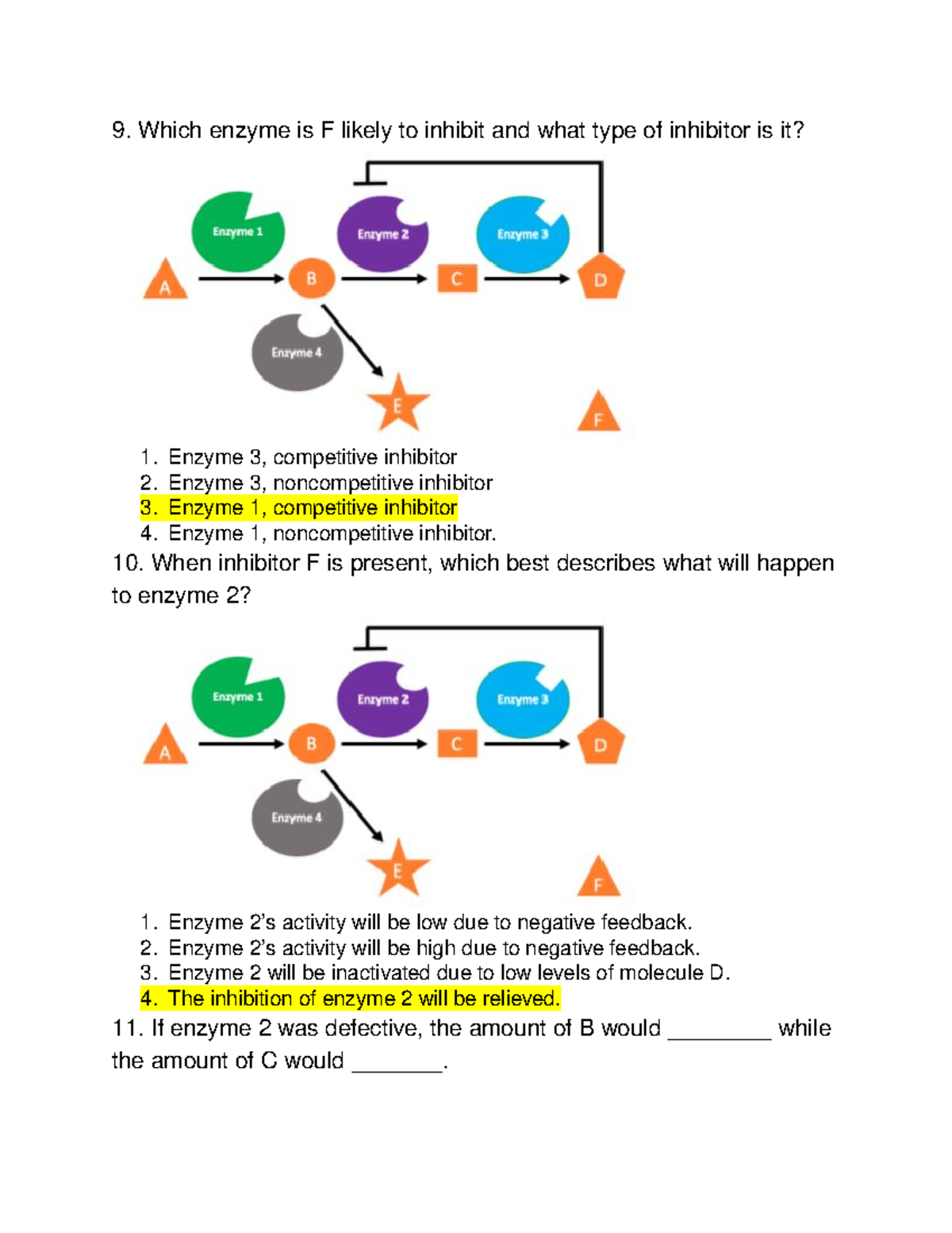 Module 2 enzyme pathway - 9. Which enzyme is F likely to inhibit and ...