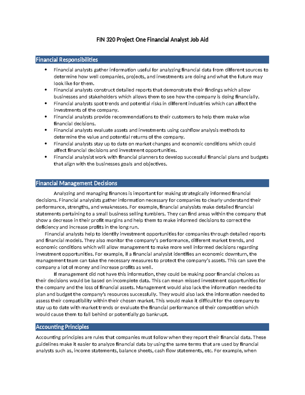 FIN 320 Project One Financial Analyst Job Aid - Financial analysts ...