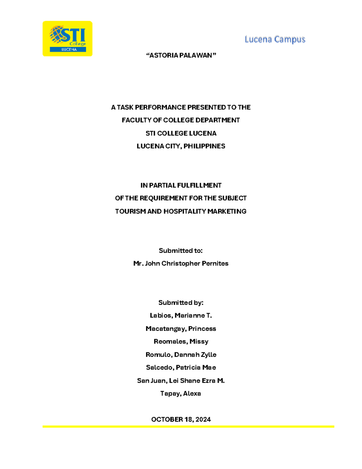 04 Performance Task 1 - “ASTORIA PALAWAN” A TASK PERFORMANCE PRESENTED ...