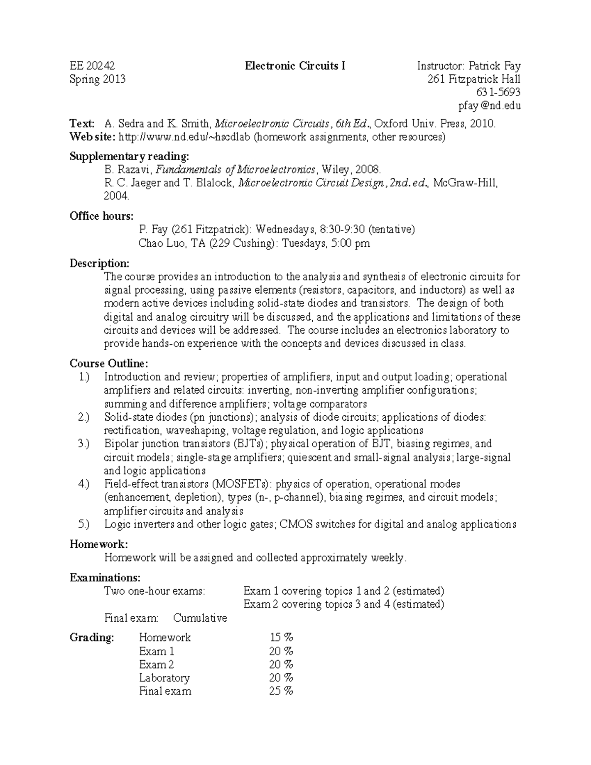 242 syllabus - spring 2013 - EE 20242 Electronic Circuits I Instructor ...