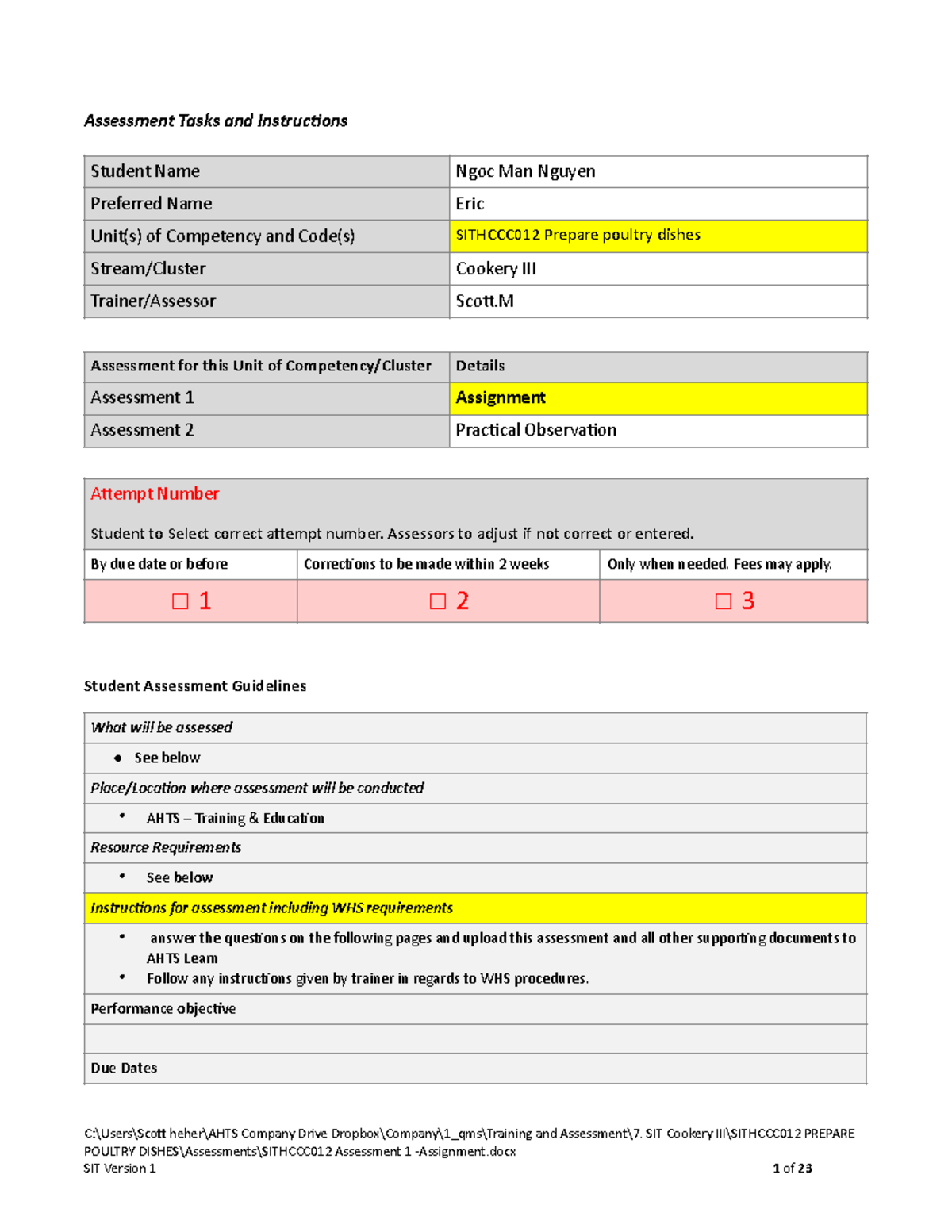 Sithccc 012 Assessment 1 -Assignment V - Assessment Tasks and ...