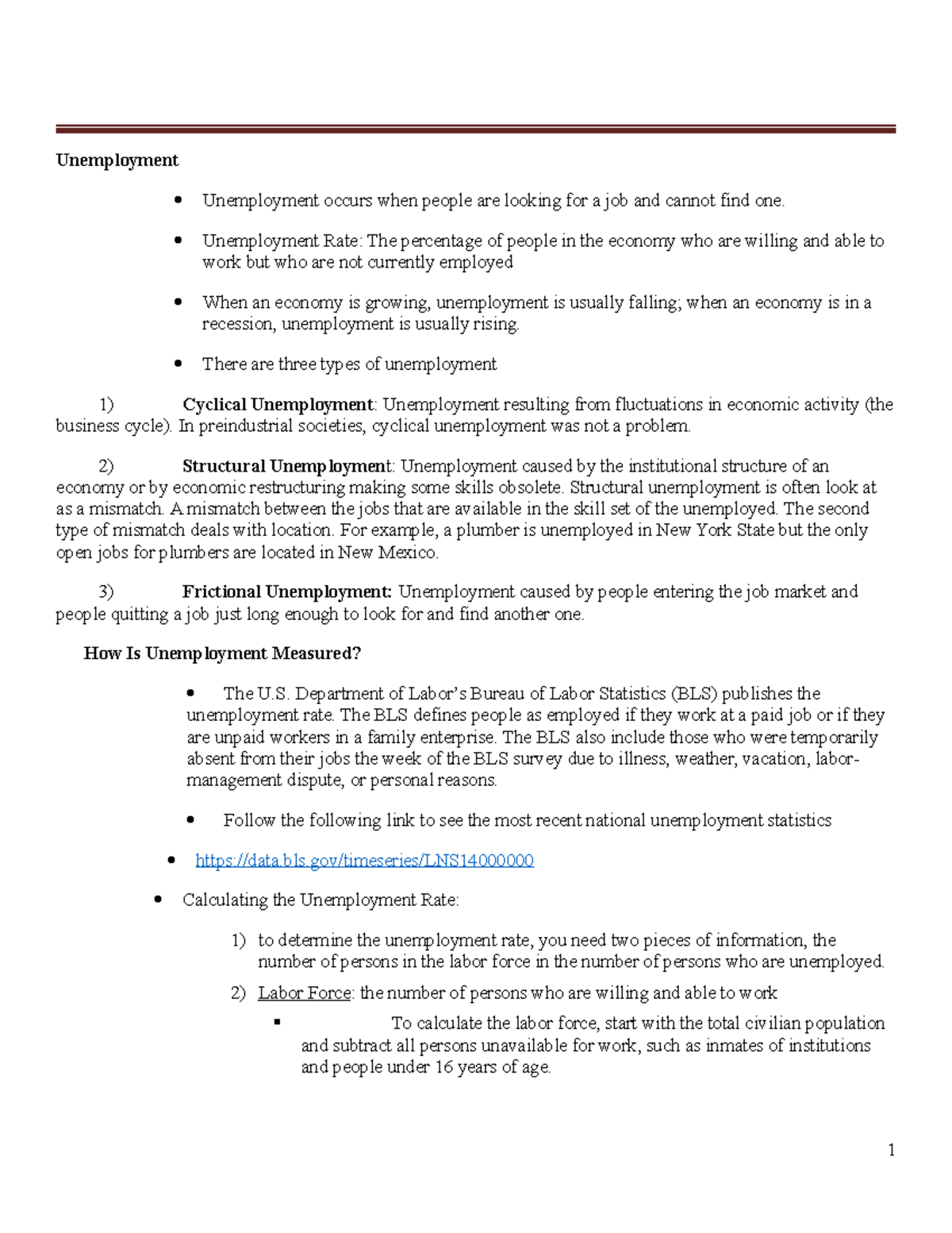 Macro chapter 28 notes - Unemployment Unemployment occurs when people ...