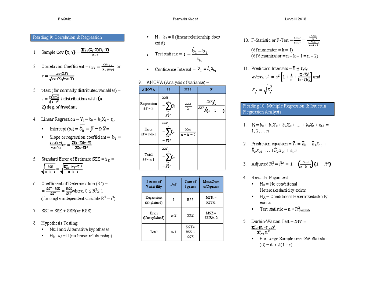 2018 Fin Quiz CFA Level 2 Formula Sheet - Reading 9: Correlation ...