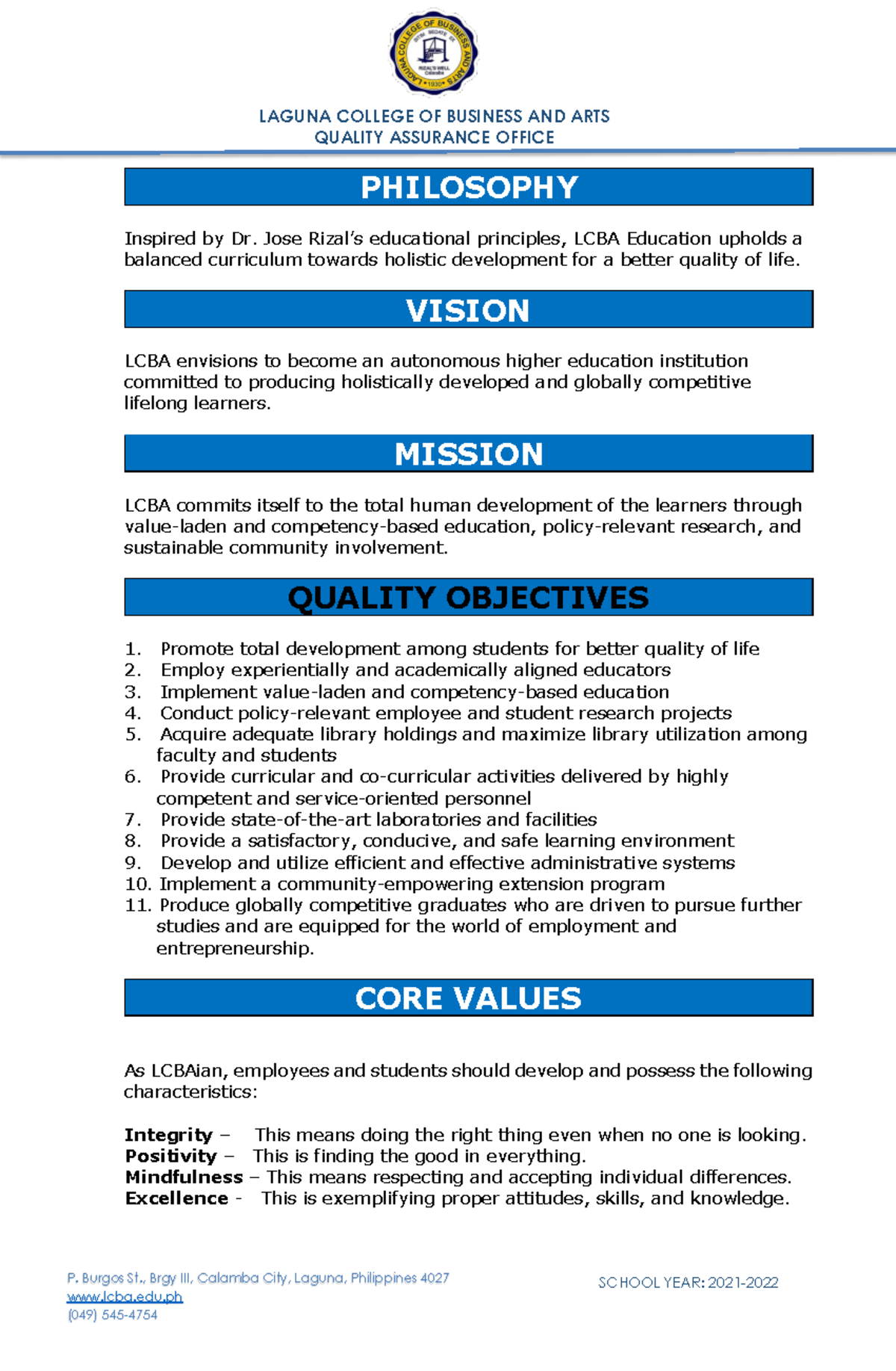 LCBA PVMO 2021 2026 - SCHOOL YEAR: 2021- 2022 LAGUNA COLLEGE OF ...