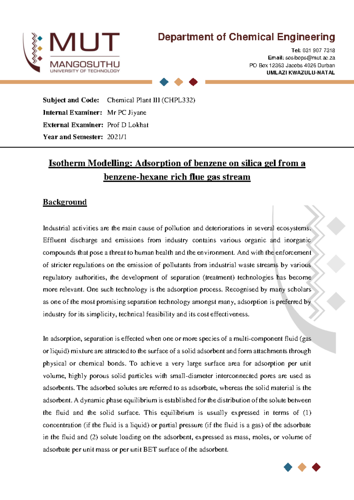 Chemical Plant III Assignment - Department of Chemical Engineering Tel ...
