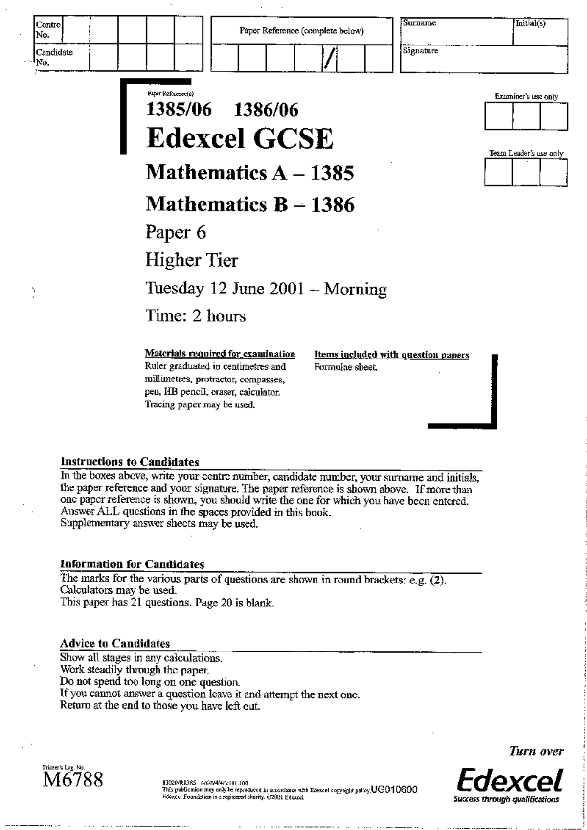 Higher GCSE, June 2001 , Paper 6 - BCF0 - Studocu