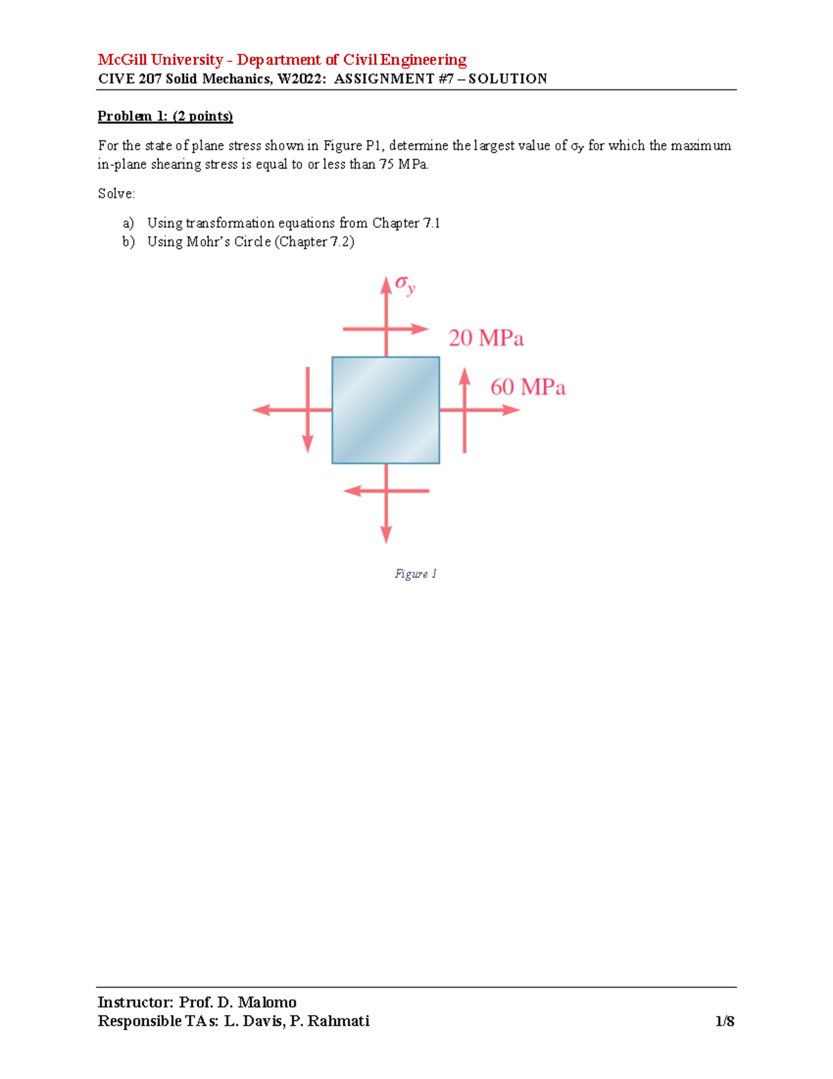 Assignment 7 Solution CIVE207 W22 - CIVE 207 Solid Mechanics, W2022 ...