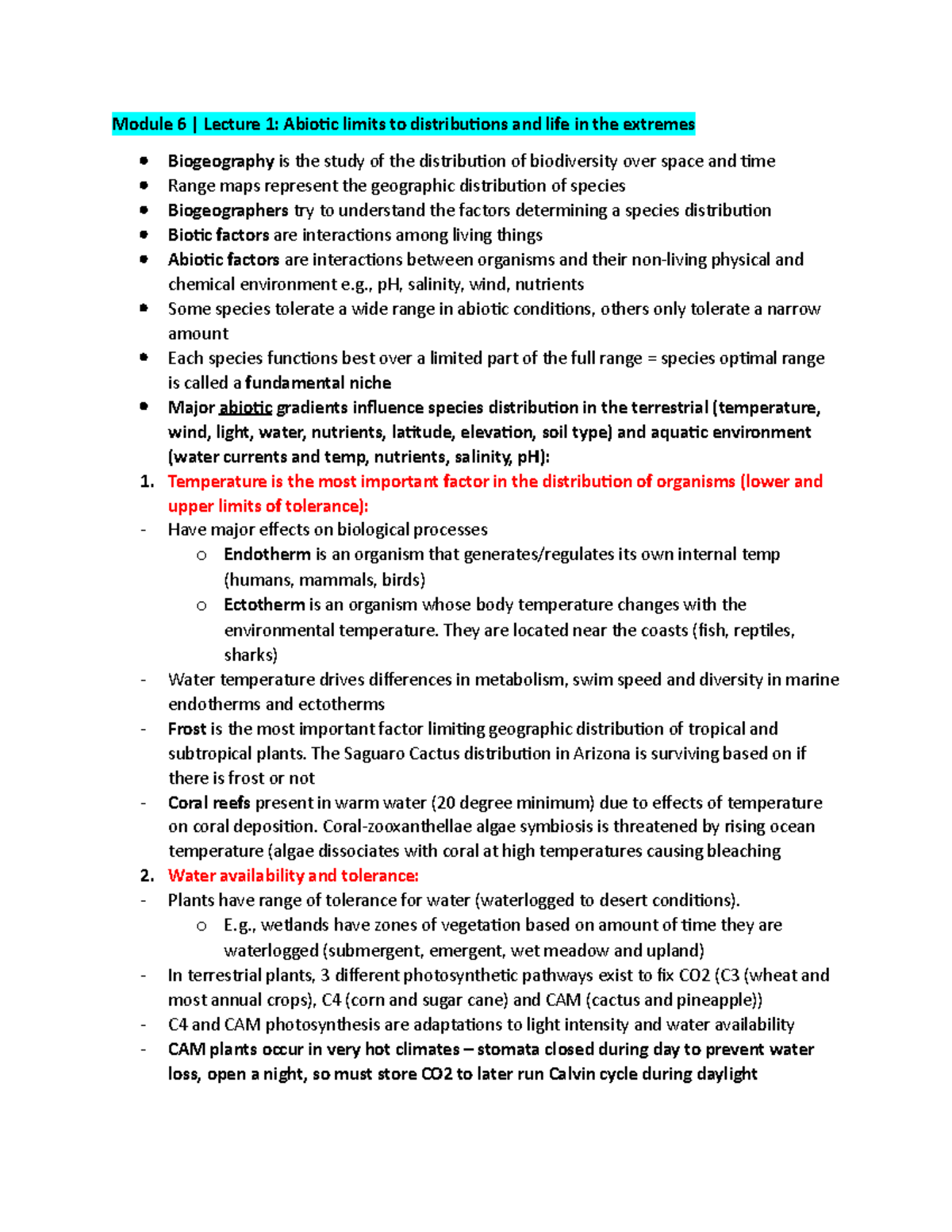 Bio 121 Module 6 extra lecture notes - Module 6 | Lecture 1: Abiotic ...