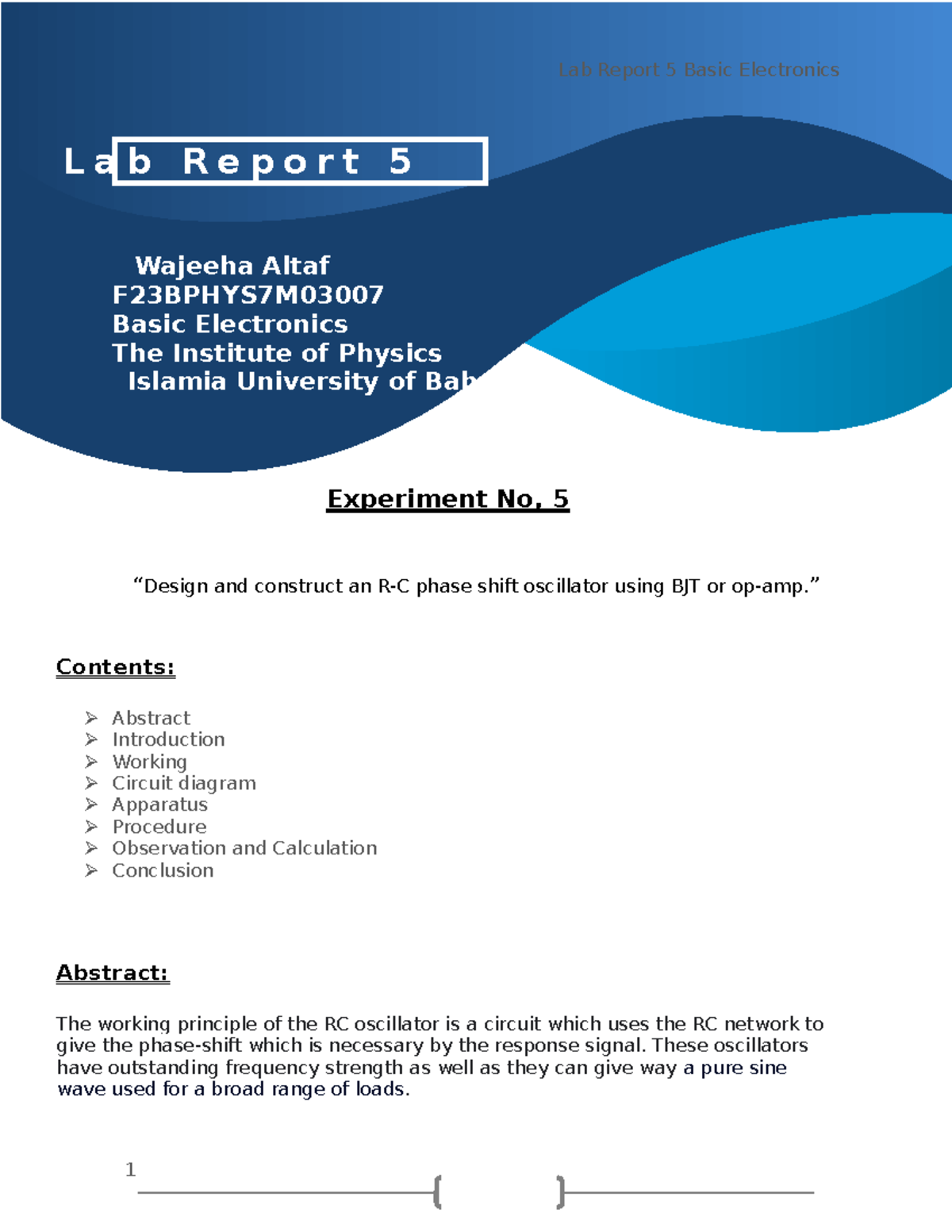 Lab report Electronics - Wajeeha Altaf F23BPHYS7M Basic Electronics The ...
