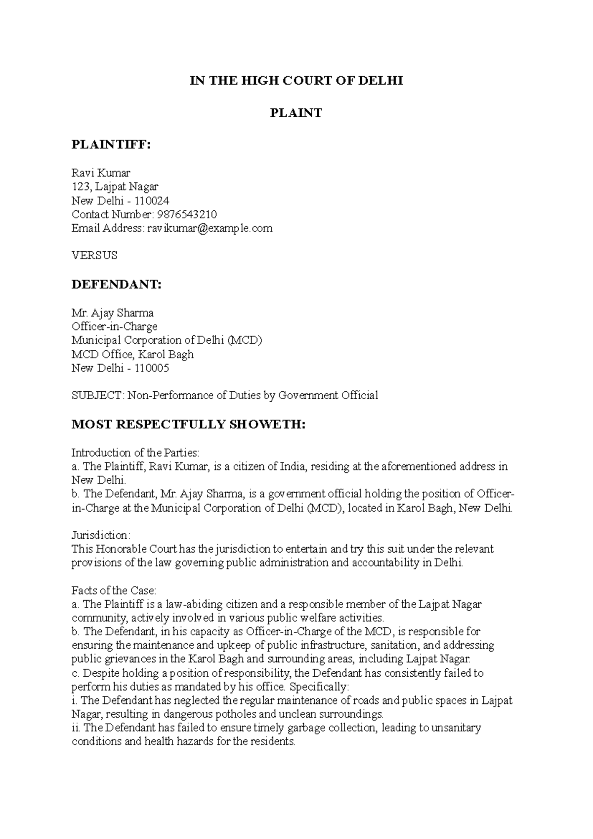 Plaint - IN THE HIGH COURT OF DELHI PLAINT PLAINTIFF: Ravi Kumar 123 ...