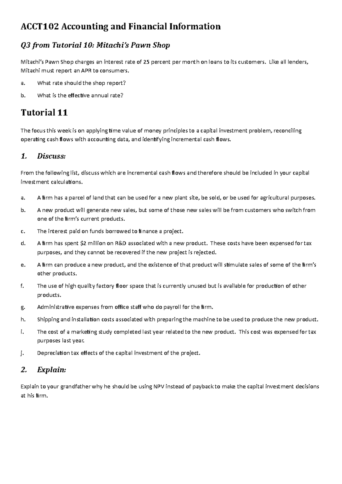 Tutorial 11 2023 with 10-3 - ACCT102 Accounting and Financial Information Q3 from Tutorial 10 ...