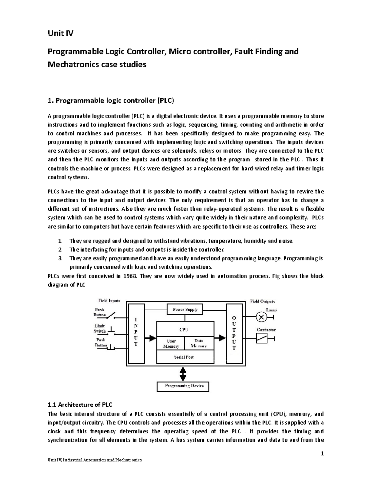 Mechatronics unit IV PLC notes - 1 Unit IV Programmable Logic ...
