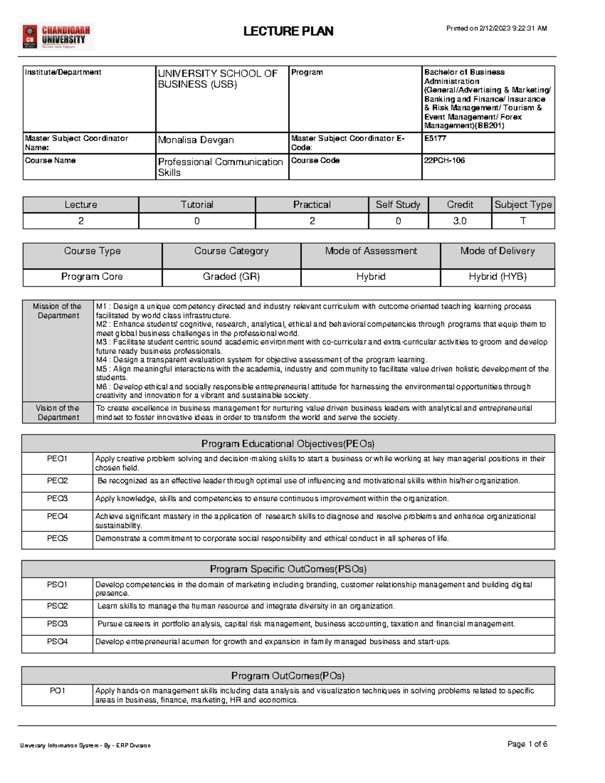 Lecture Plan BB201 22PCH-106 - Program Educational Objectives(PEOs ...