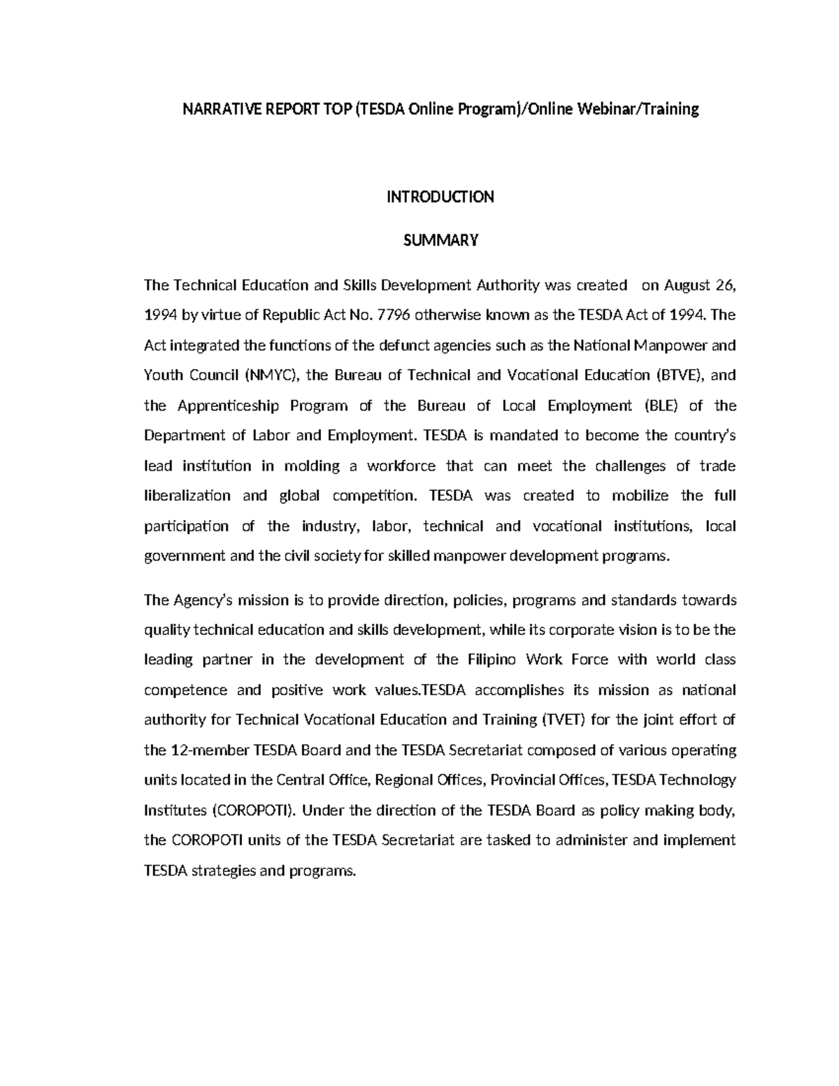Narrative Repor-WPS Office - NARRATIVE REPORT TOP (TESDA Online Program ...