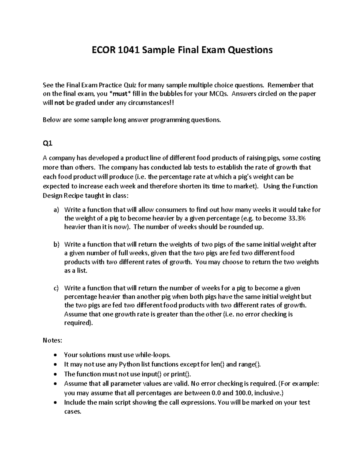 ECOR 1041 Sample Final Exam Questions - ECOR 1041 Sample Final Exam ...