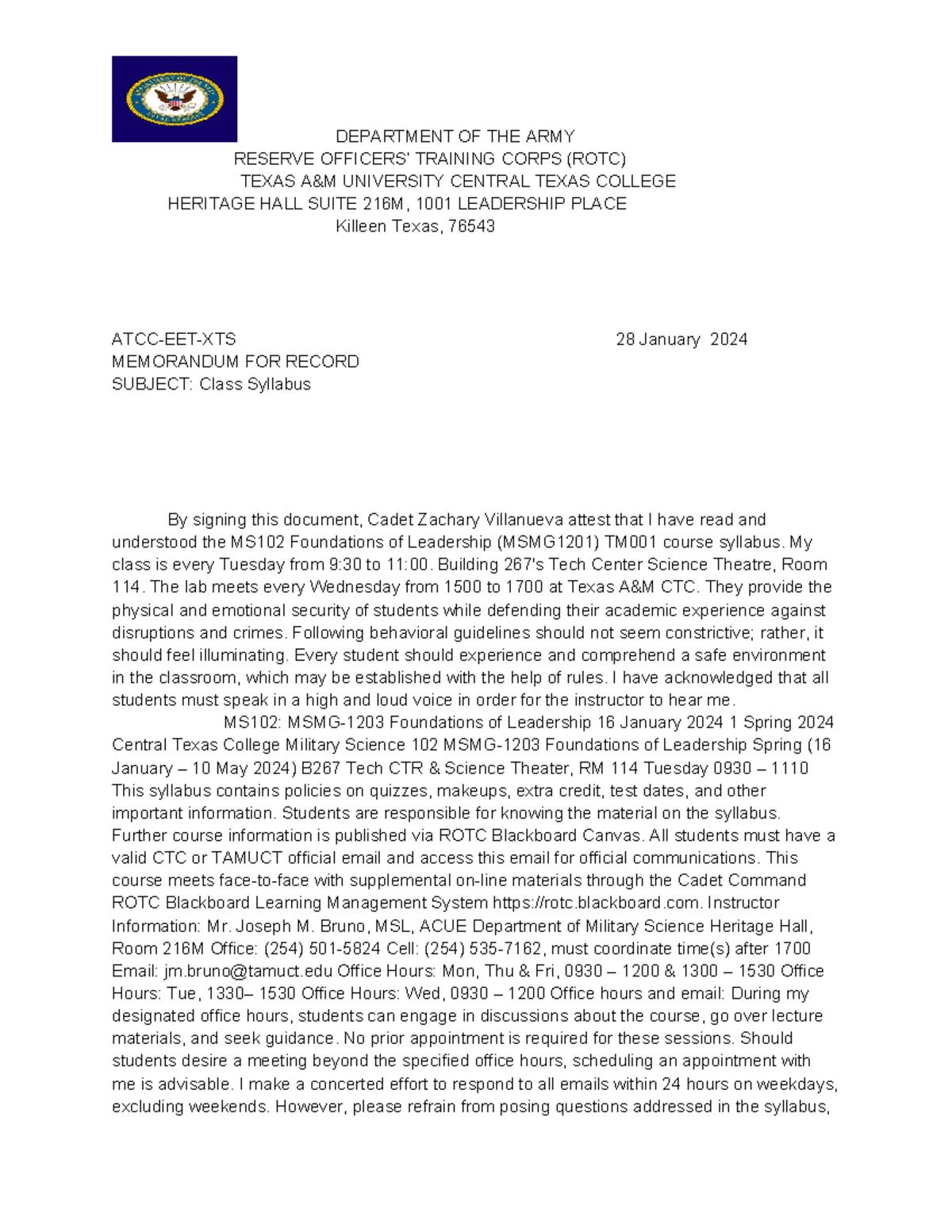 Syllabus Agreement Form - DEPARTMENT OF THE ARMY RESERVE OFFICERS ...