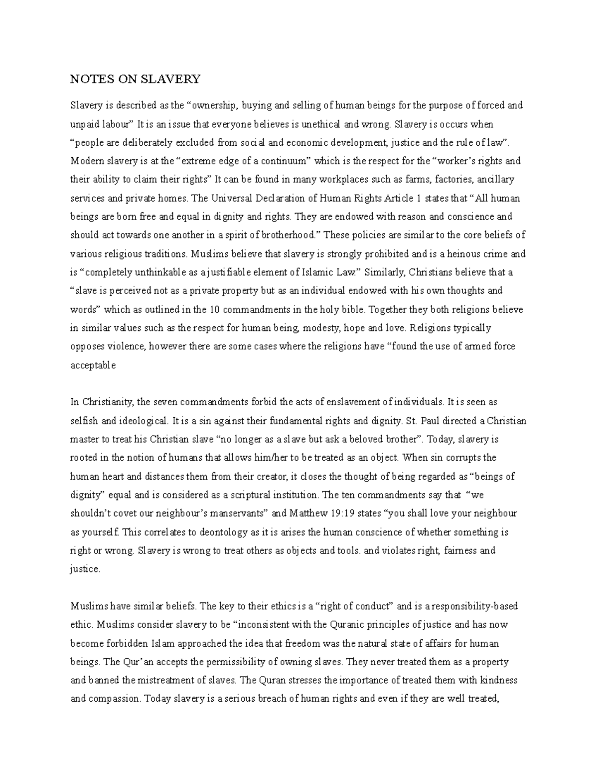 Religious VIEW OF Slavery - NOTES ON SLAVERY Slavery is described as ...