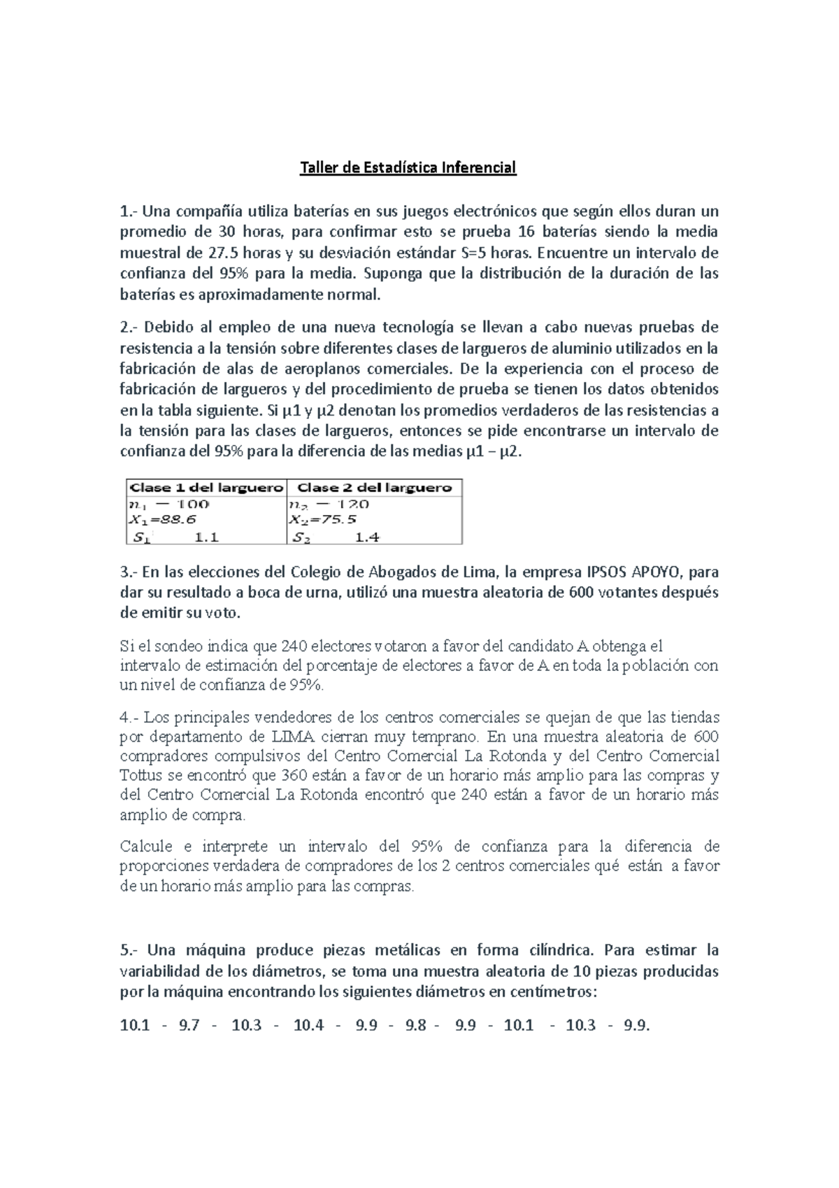 S04.s1Taller Nª1 Ejercicios de Distribucion Muestral e IC - Estadistica Inferencial - Studocu