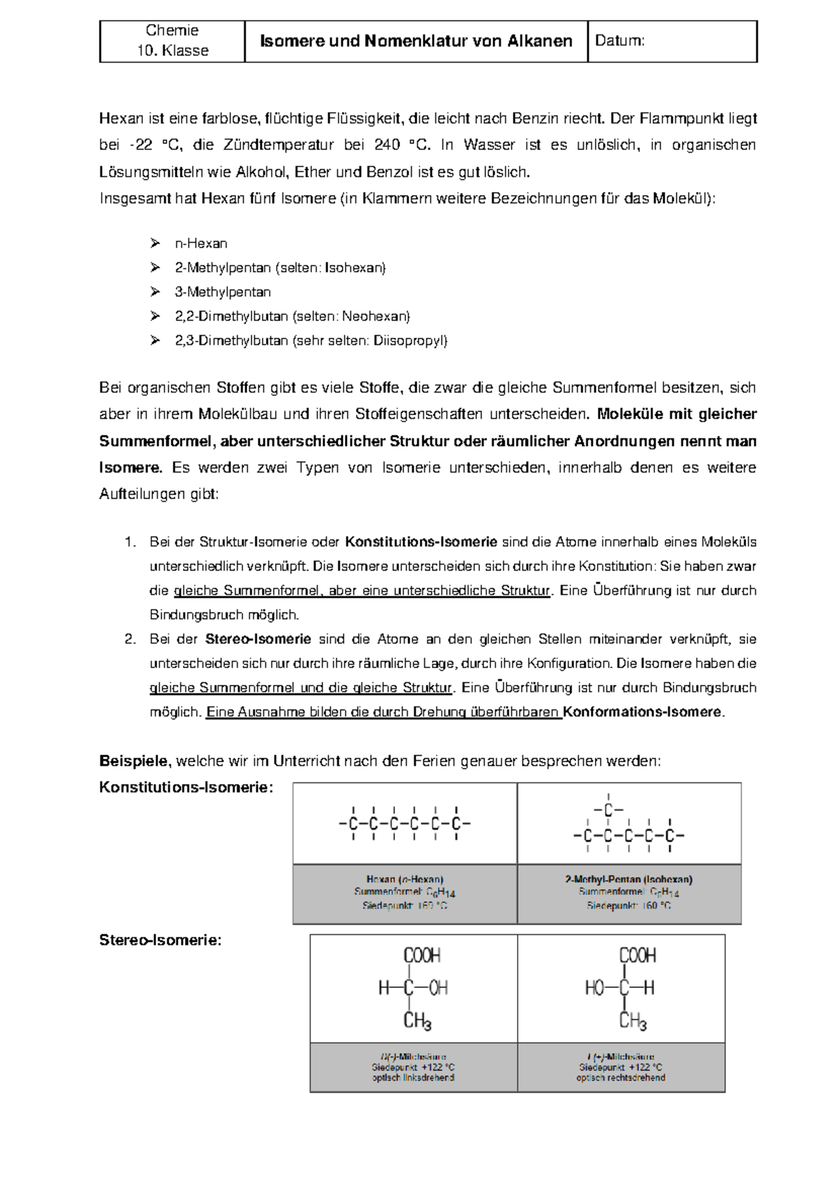 3 AB Isomere und Nomenklatur - Chemie 10. Klasse Isomere und Nomenklatur von Alkanen Datum ...