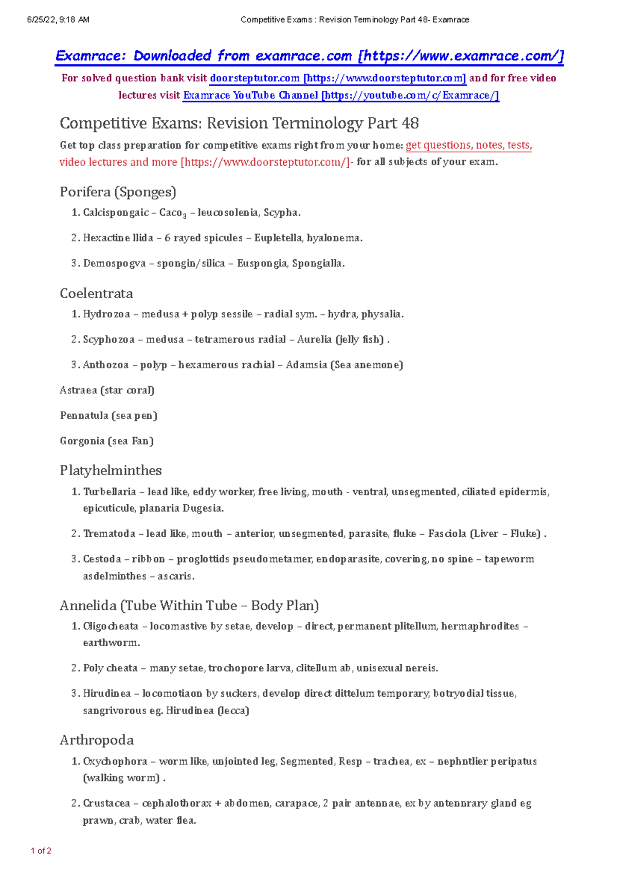 Revision Terminology Part 48 - Porifera (Sponges) Calcispongaic – Caco 3 – leucosolenia, Scypha ...
