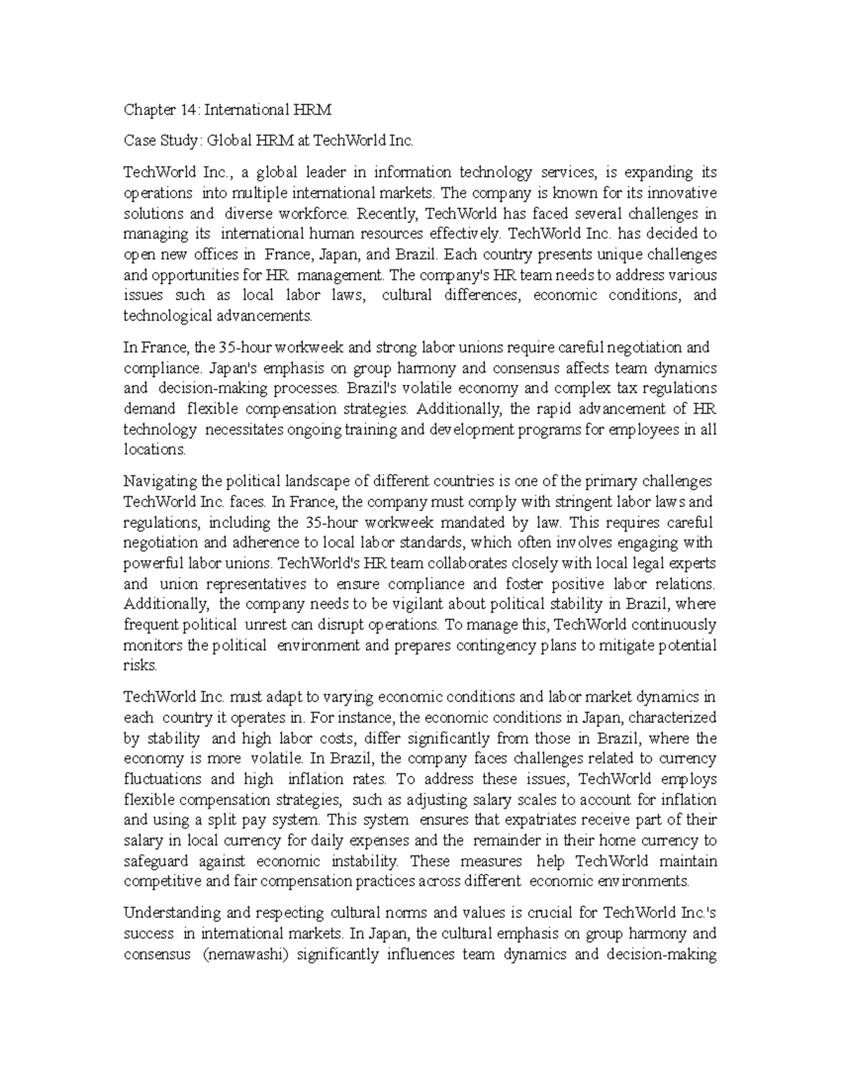 HRM tutorial ch 14 - Chapter 14: International HRM Case Study: Global ...