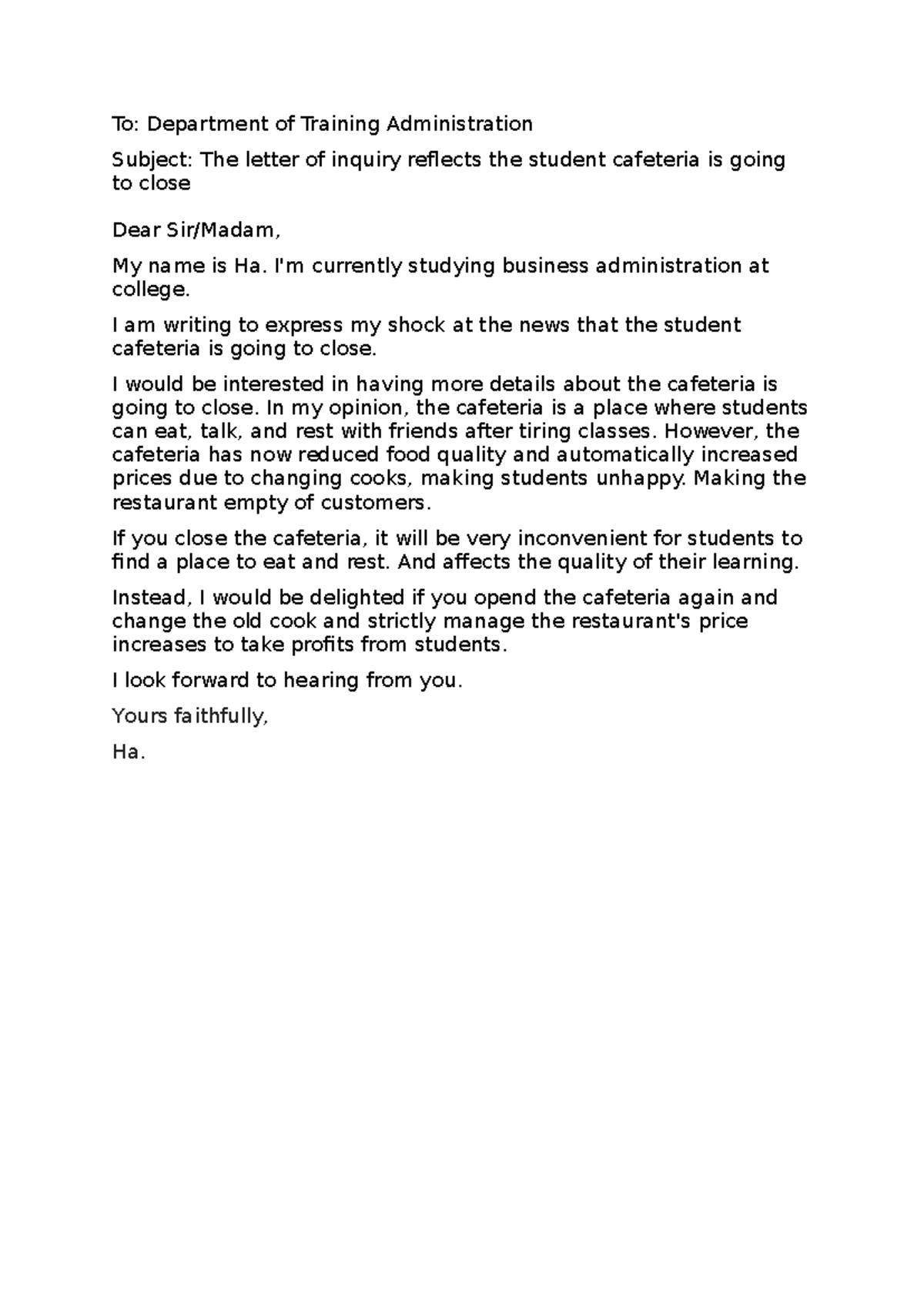 Writing A Formail Email- Hoangthithanhha-MLA202 - To: Department of ...