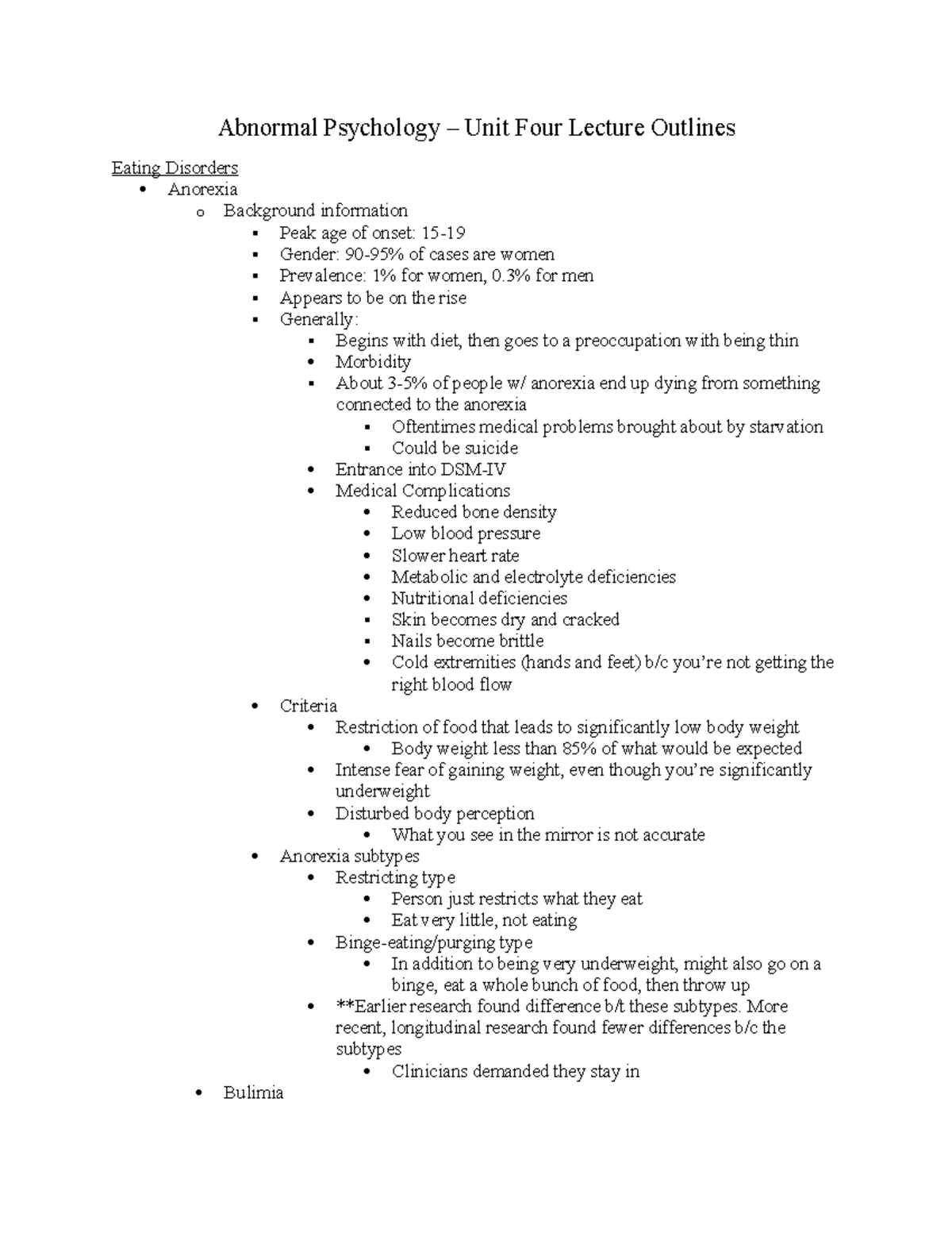 Abnormal Unit Four Notes - Abnormal Psychology – Unit Four Lecture ...