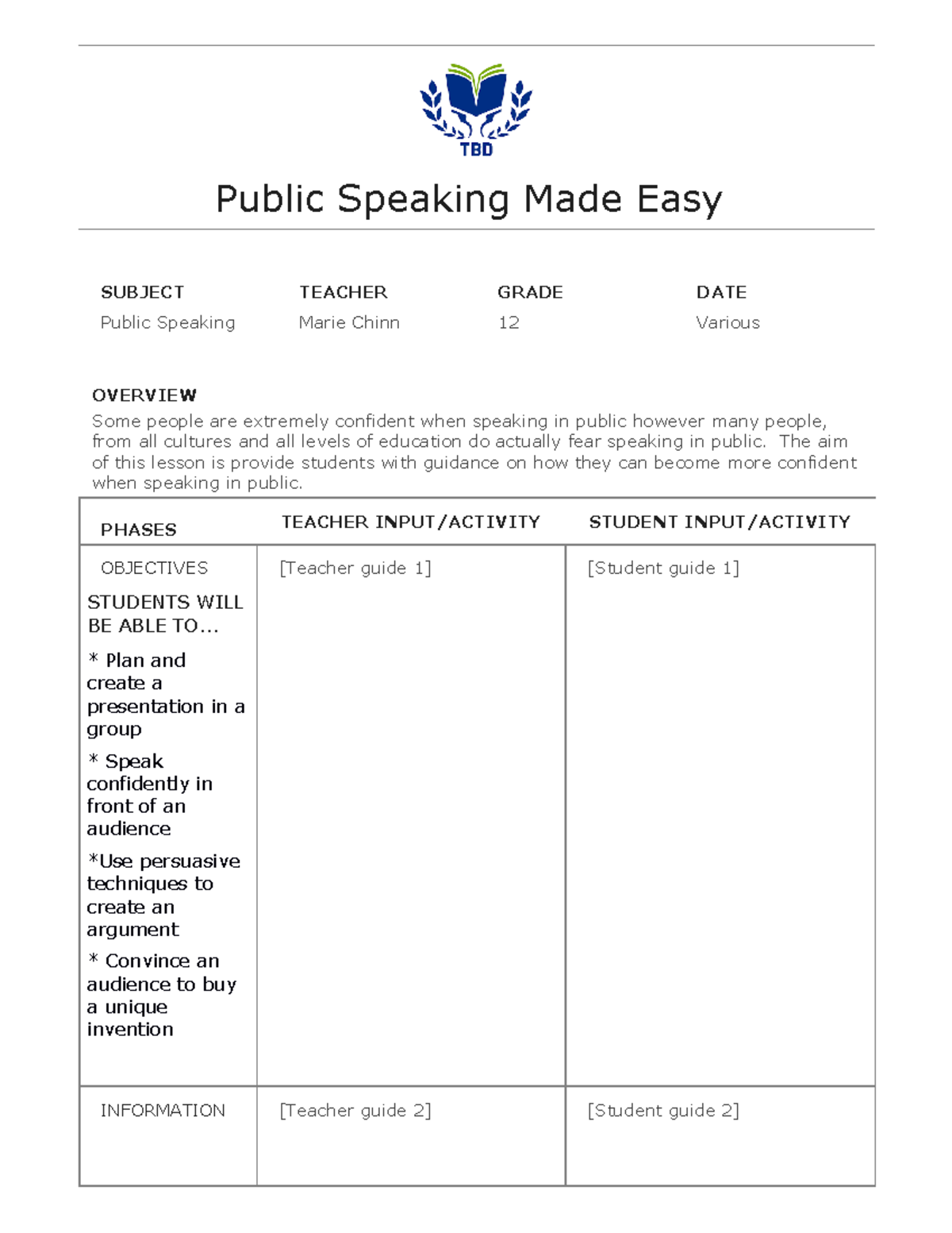 Lesson Plan - Public Speaking - Public Speaking Made Easy SUBJECT ...