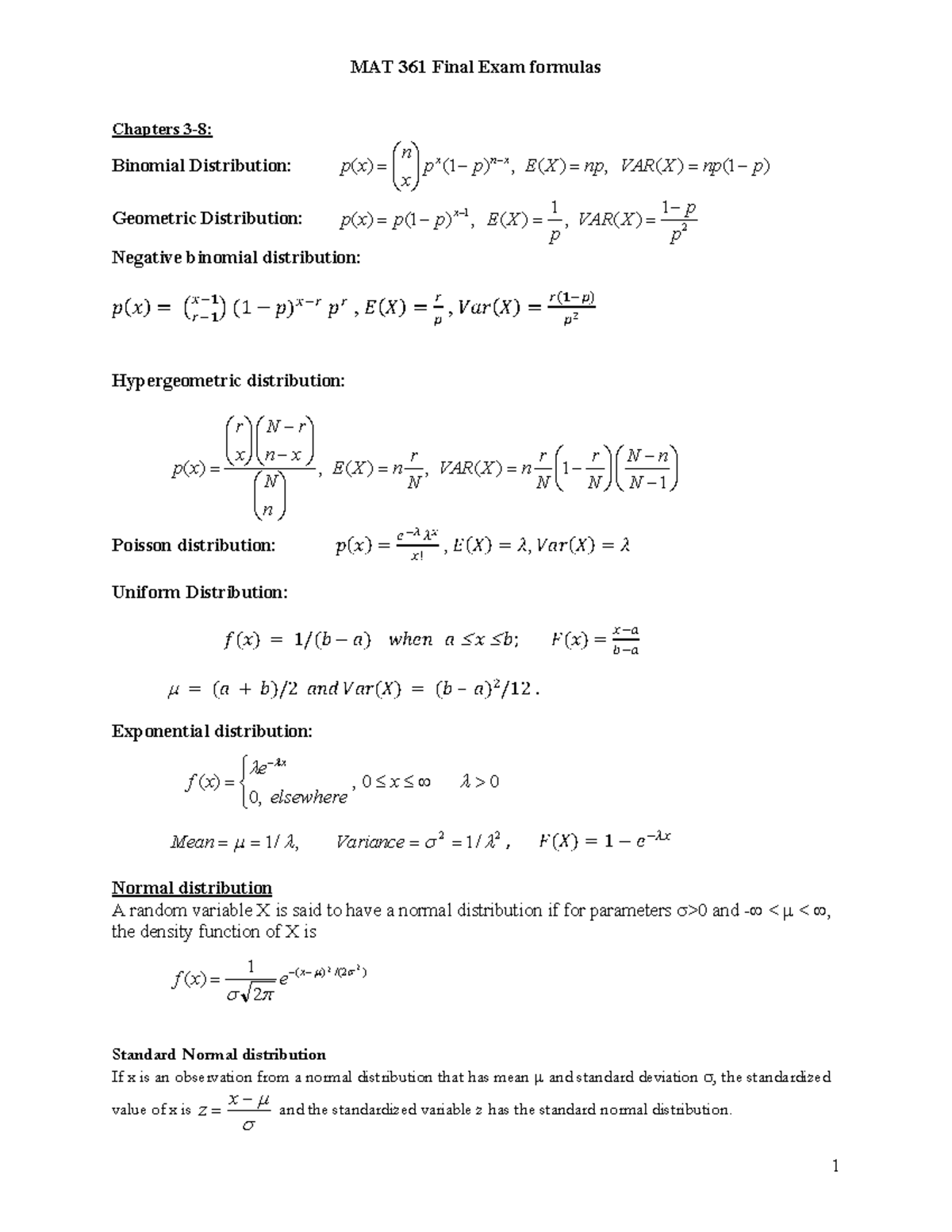 MAT361 formula-1 - Formula Sheet - 1 MAT 361 Final Exam formulas ...