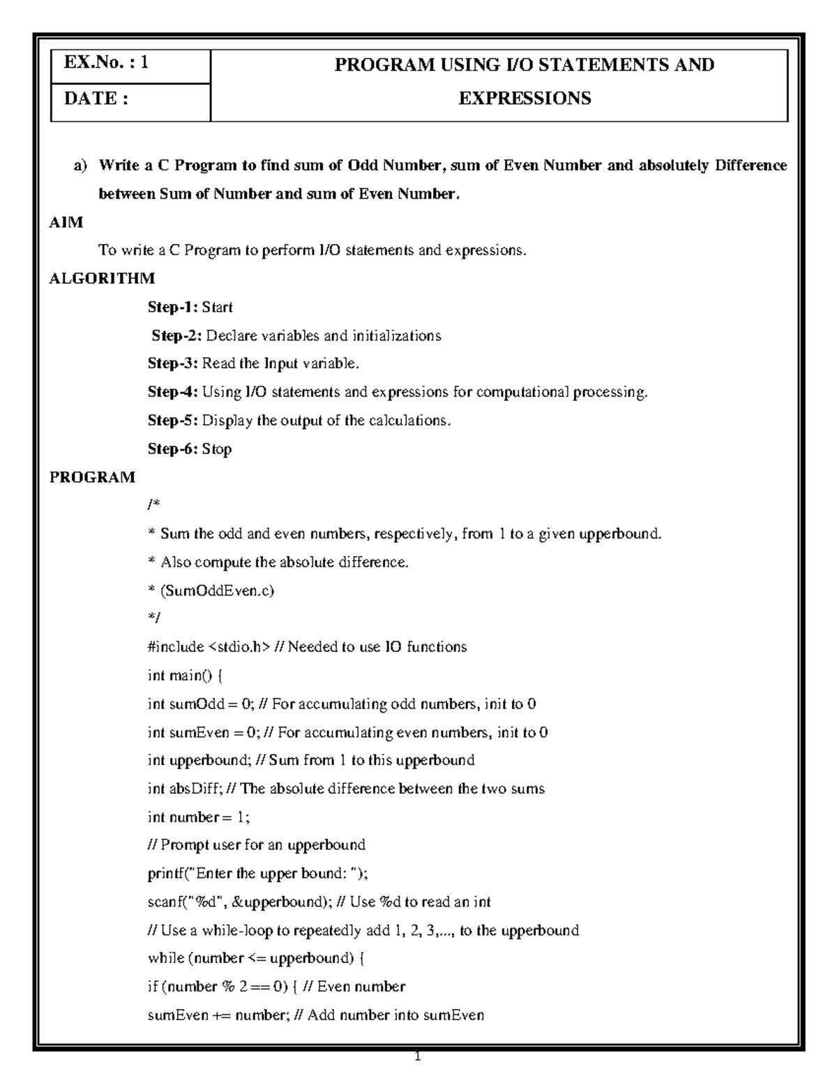 CS3271 Programming in C Laboratory Manual 1 - EX. : 1 PROGRAM USING I/O STATEMENTS AND DATE ...