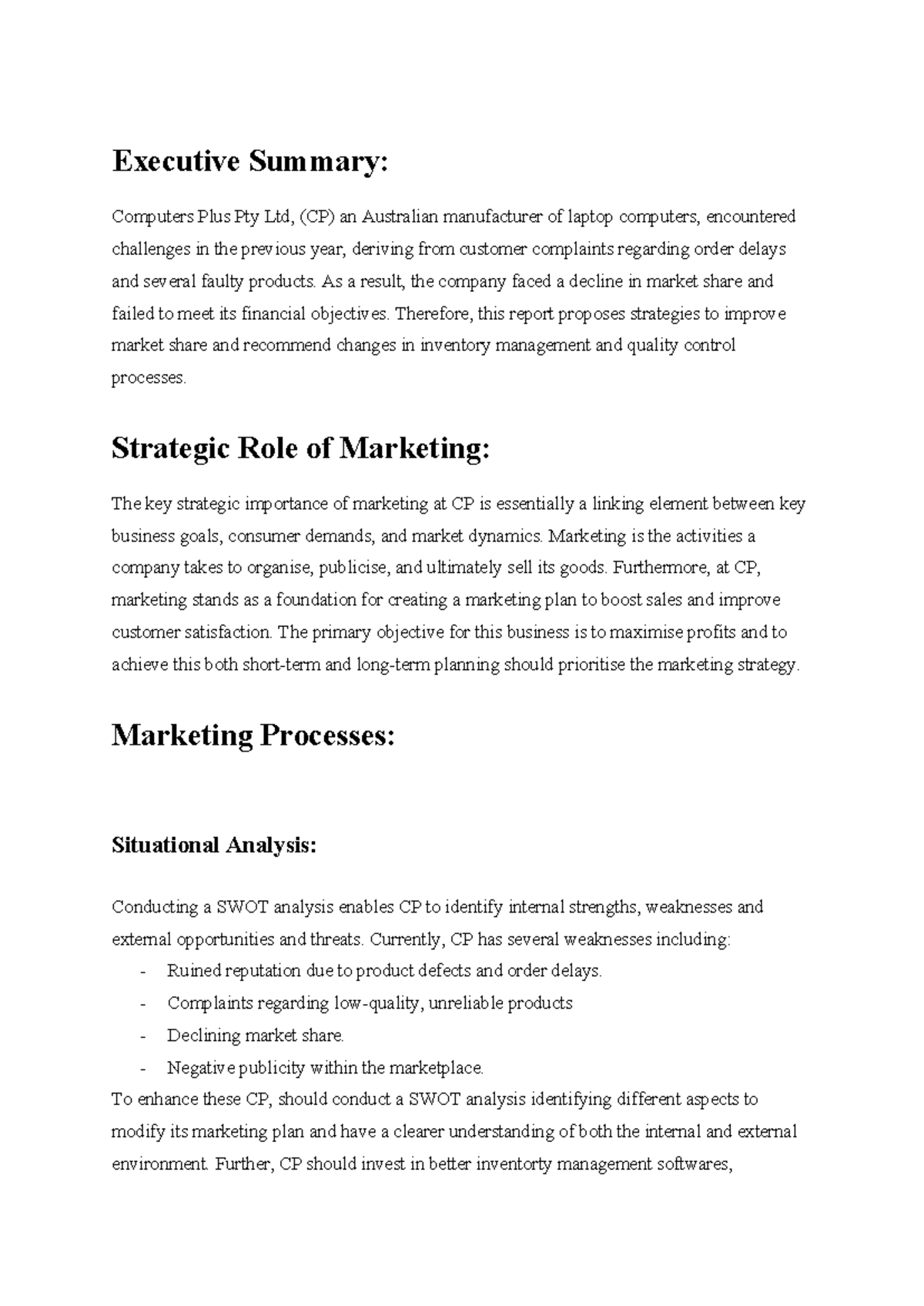Business Report Assignment - Executive Summary: Computers Plus Pty Ltd ...