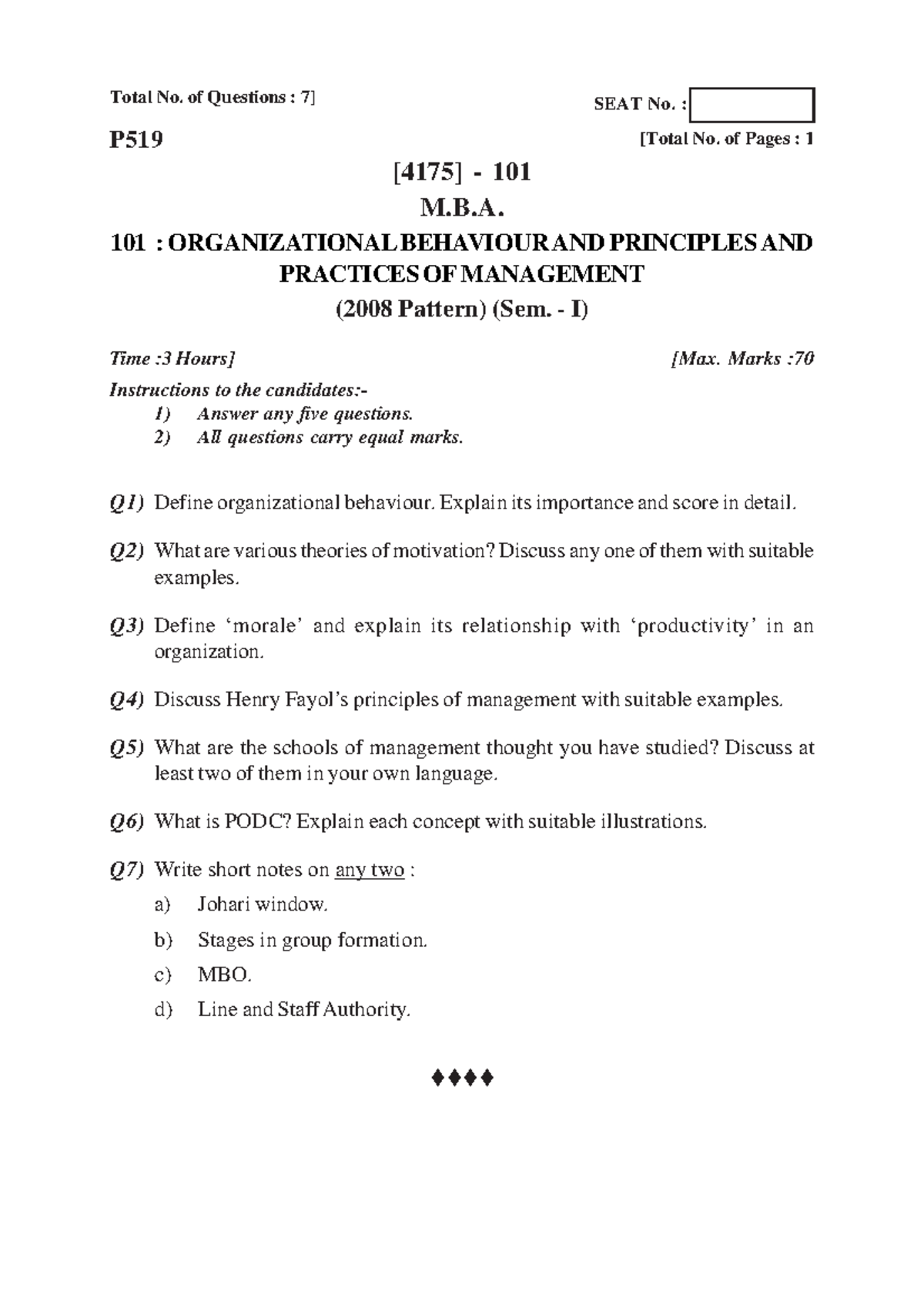 MBA - No any description - Total No. of Questions : 7] [Total No. of ...