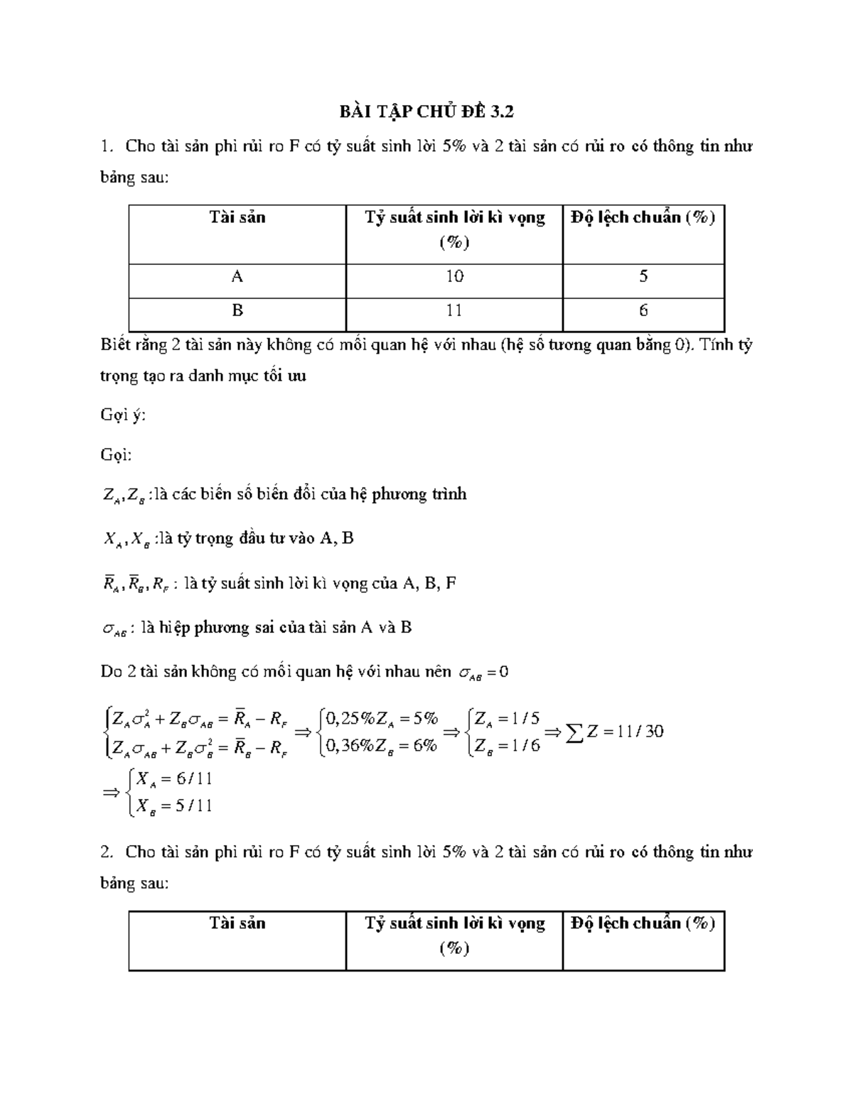 BT tu danh gia C3-CD3 - ABC - BÀI TẬP CHỦ ĐỀ 3. Cho tài sản phi rủi ro ...