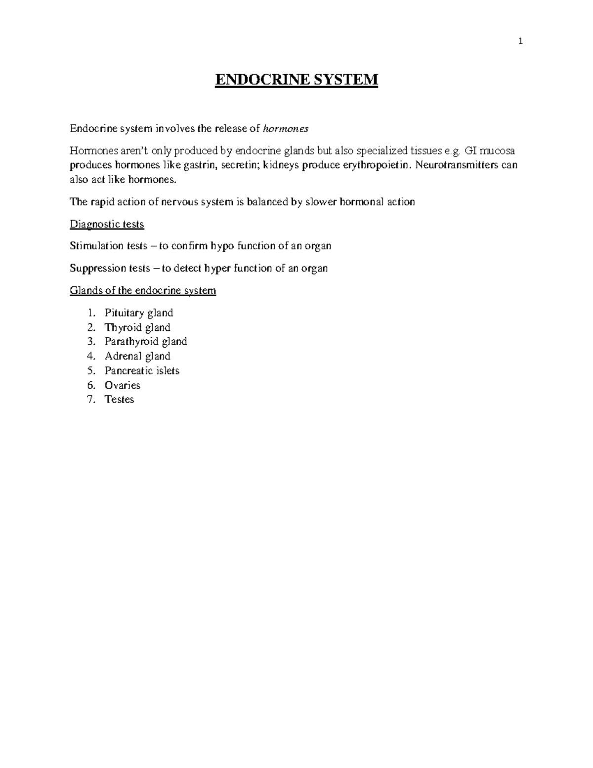 Endocrine system notes - ENDOCRINE SYSTEM Endocrine system involves the ...