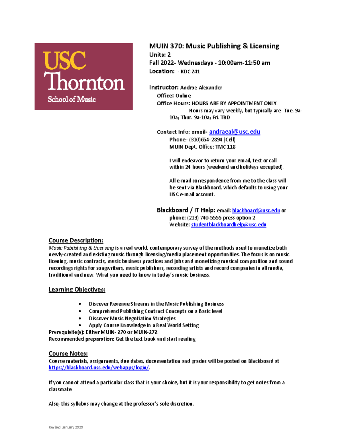 MUIN 370 Fall 2022 - Andrae Alexander - Revised January 2020 MUIN 370 ...