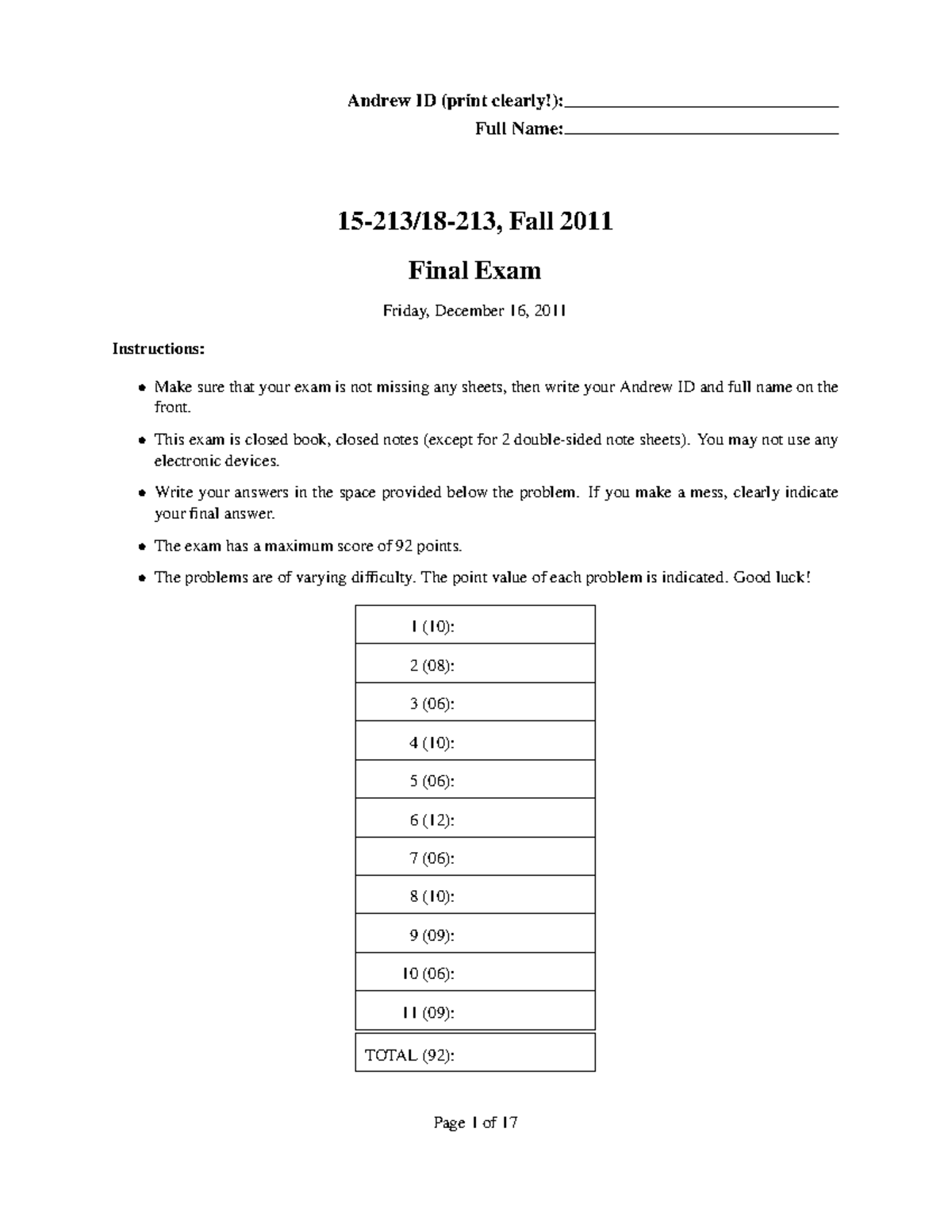 Final-f11 - Final f11 - Andrew ID (print clearly!): Full Name: 15-213/ ...