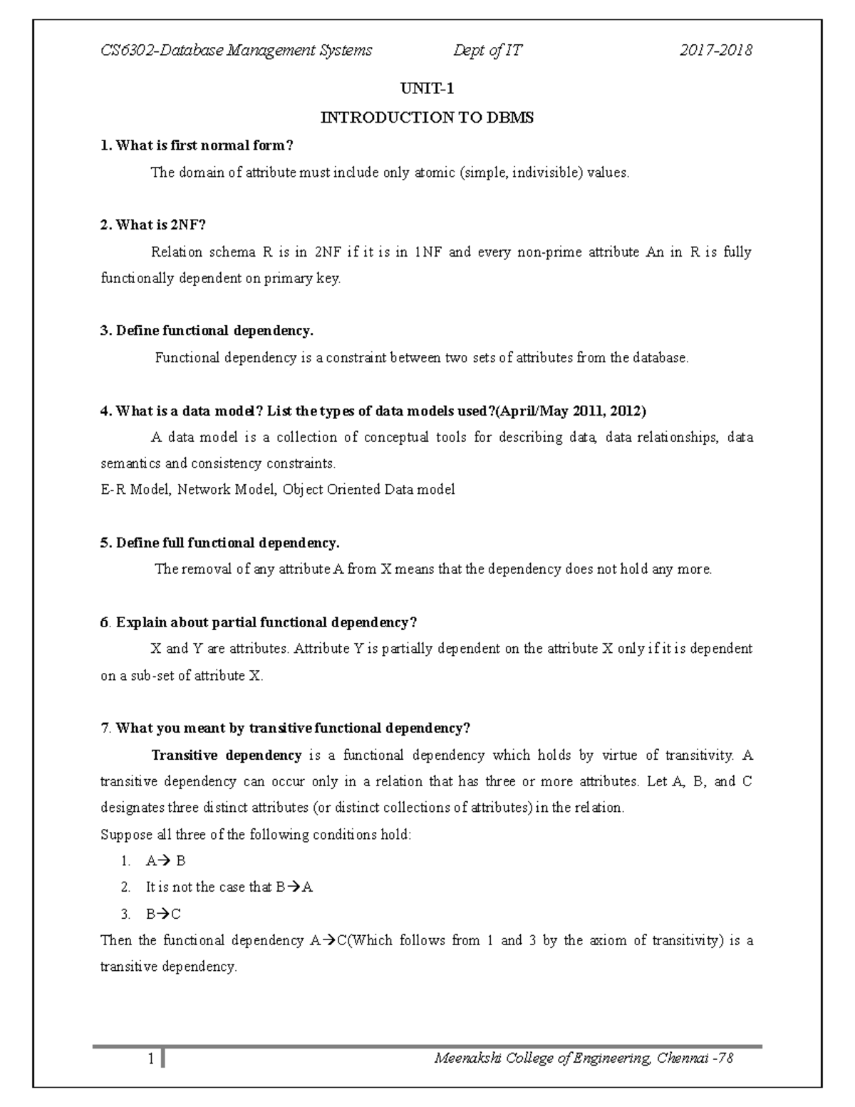QB DBMS Unit1 2 16 Marks - UNIT- INTRODUCTION TO DBMS 1. What is first ...