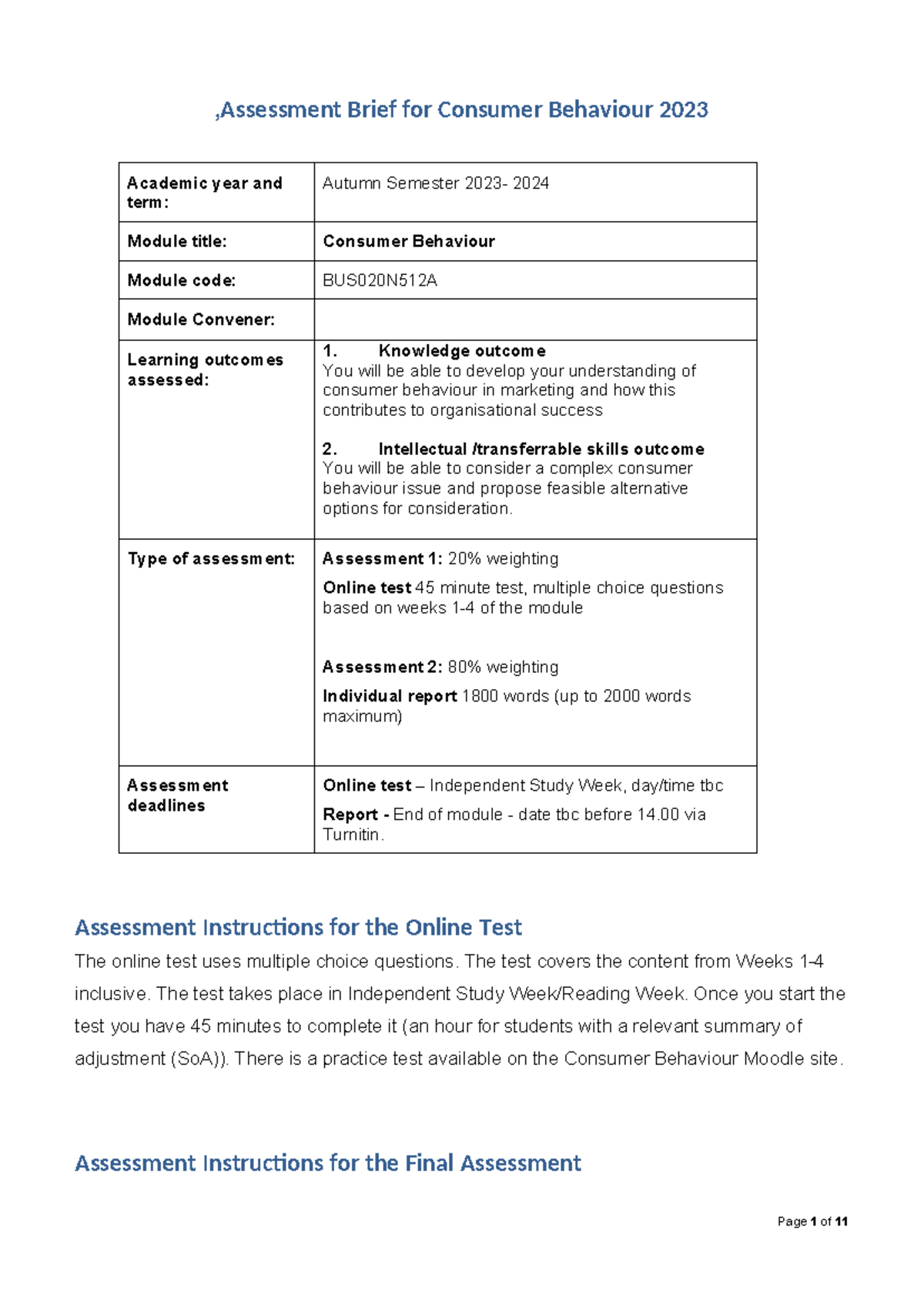 CB Assessment 2023-24 brief - ,Assessment Brief for Consumer Behaviour ...