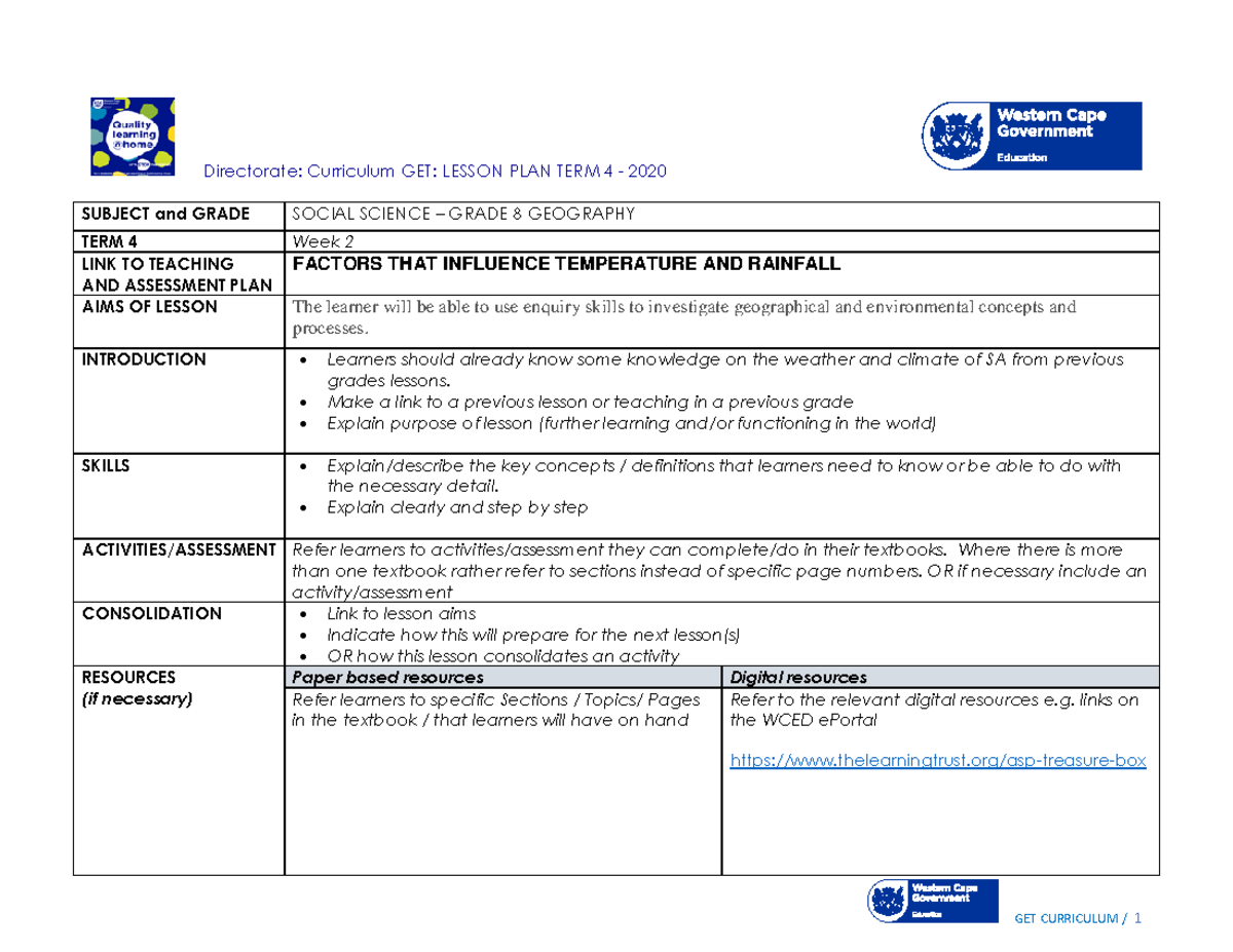 Lesson Plan Grade 8 SS Geography T4 W2 - Directorate: Curriculum GET ...