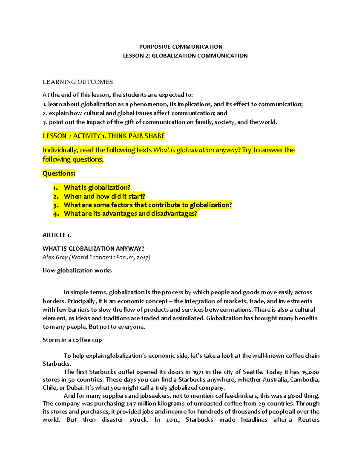 Lesson 2 Communication AND Globalization process - PURPOSIVE ...