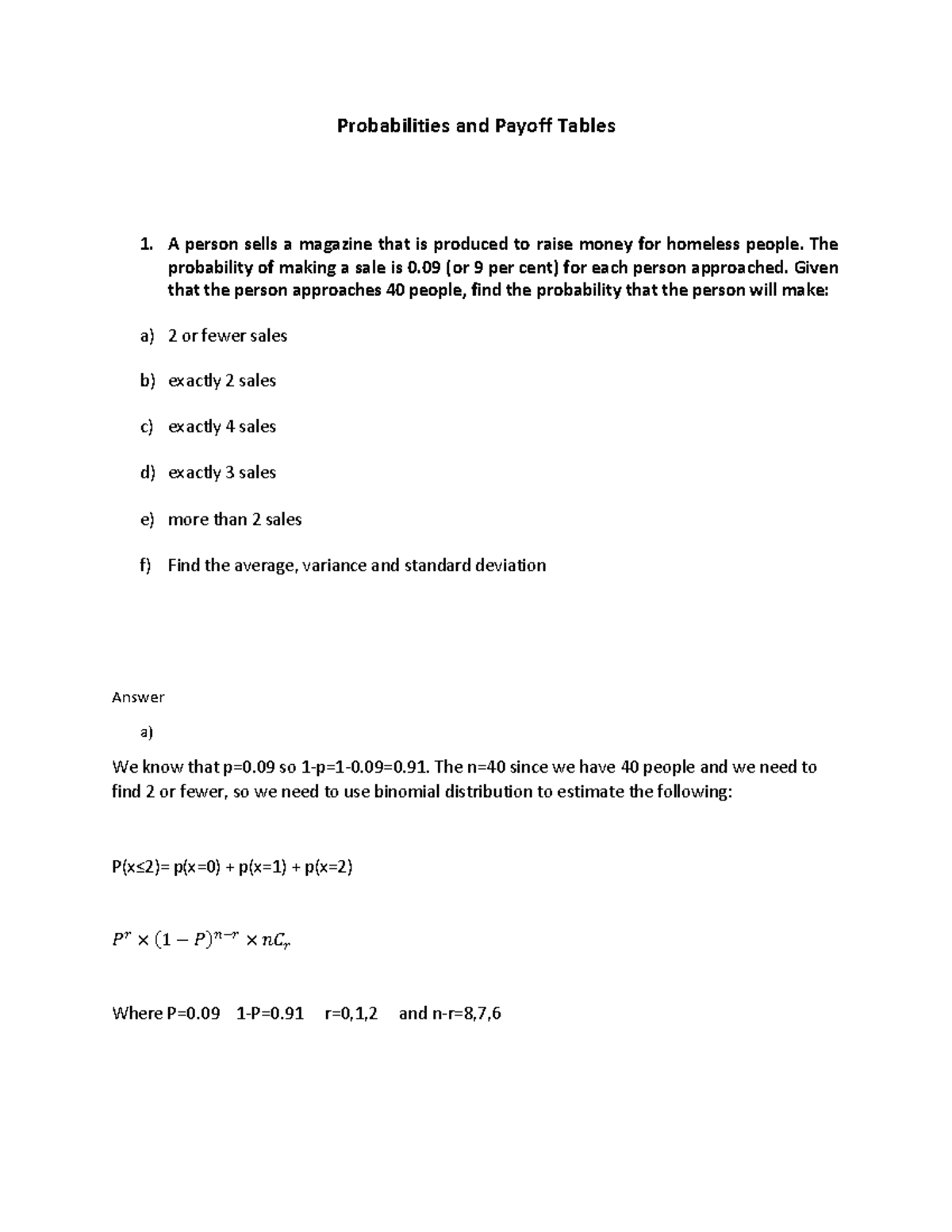 Probabilities examples exams - Probabilities and Payoff Tables A person ...