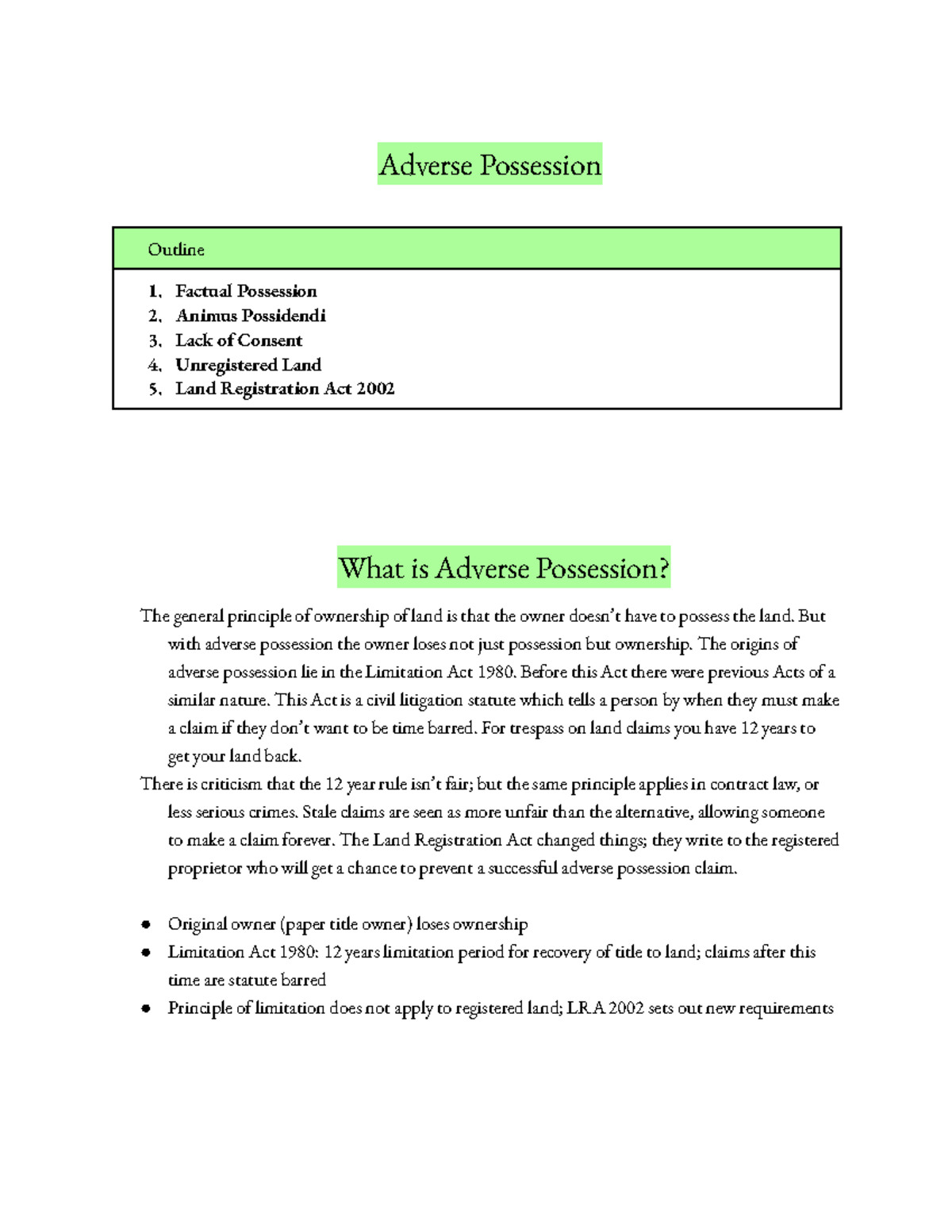 Adverse Posession - Adverse Possession Outline Factual Possession ...