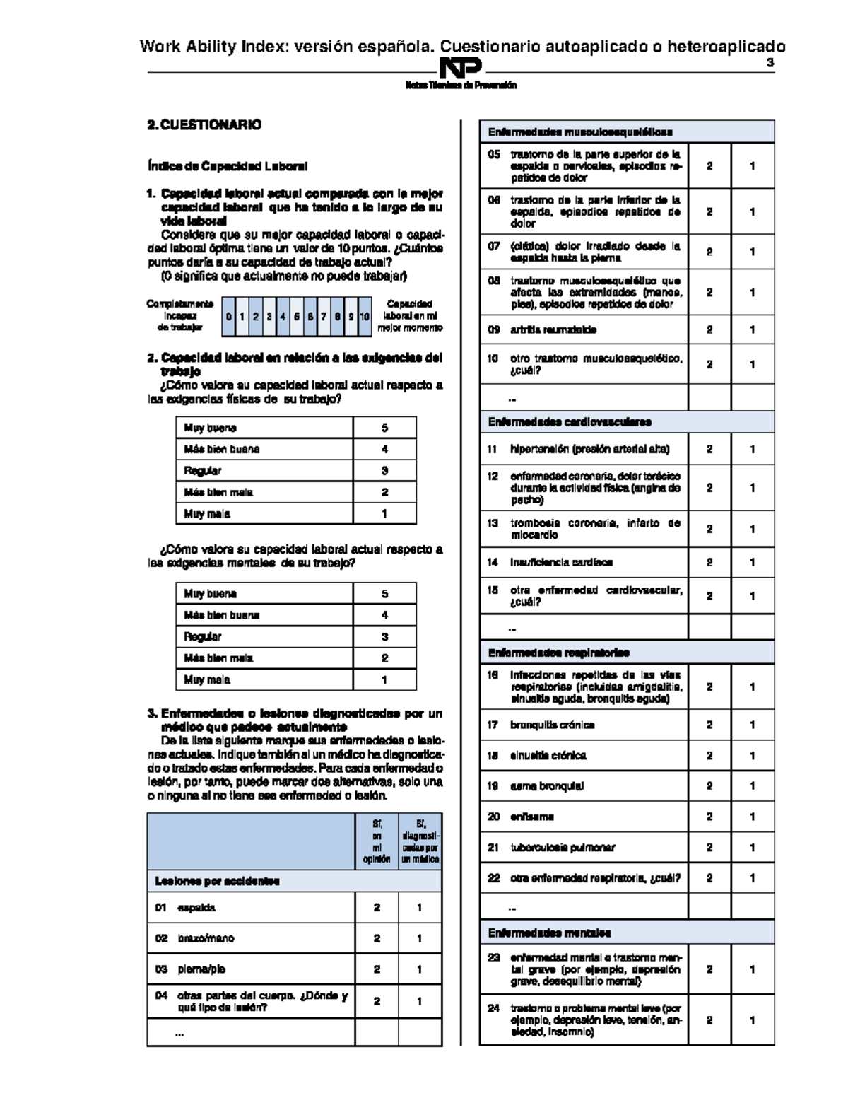Cuestionarios - Work Ability Index: versión española. Cuestionario ...
