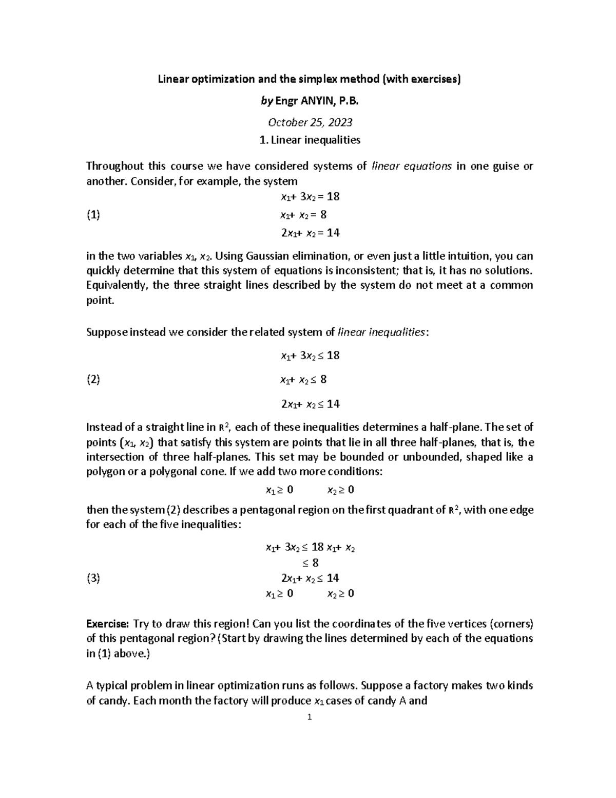 Optimization material-1 - Linear optimization and the simplex method (with exercises) by Engr ...