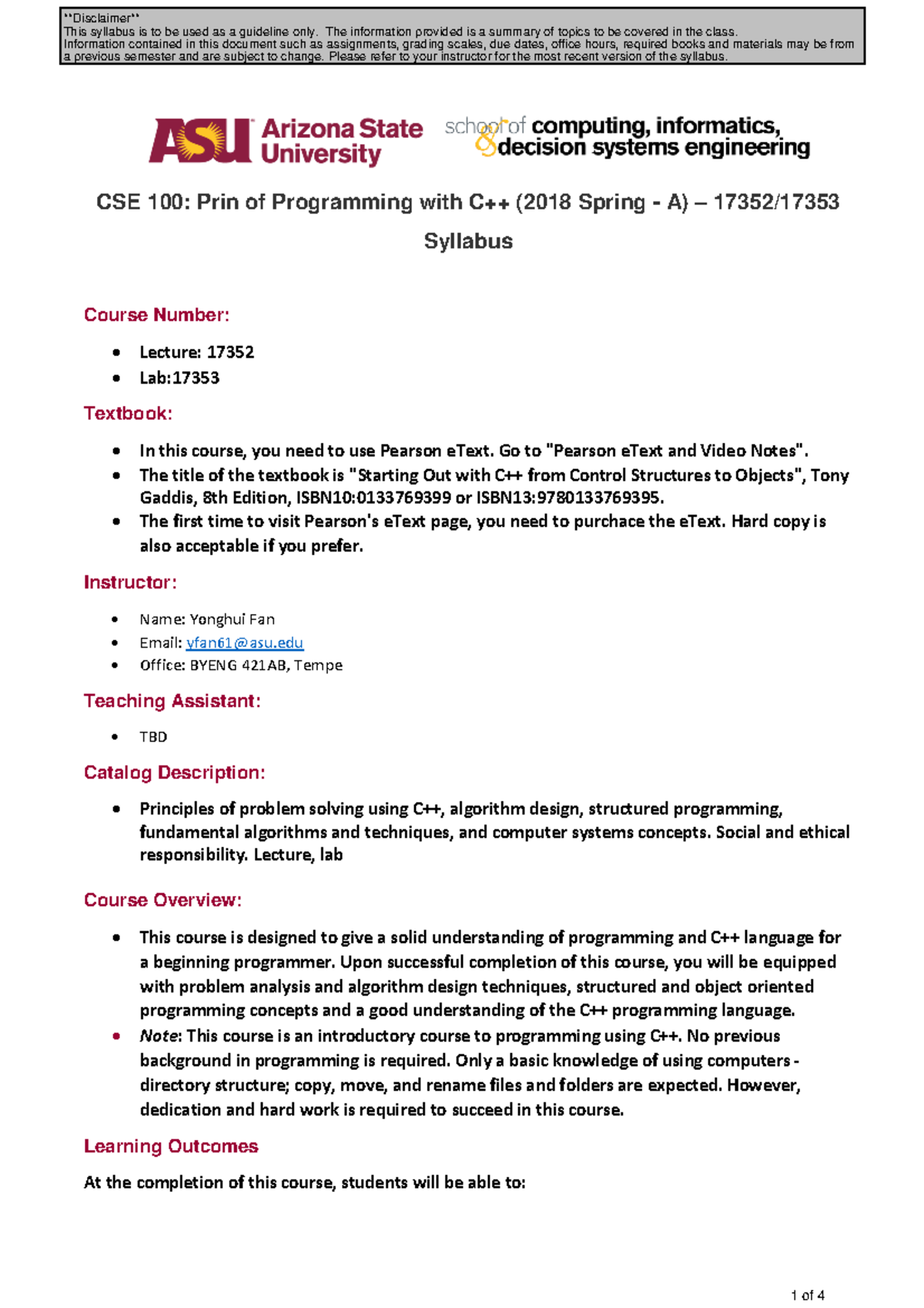 CSE100 - CSE Syllabus - Disclaimer This syllabus is to be used as a guideline only. The ...