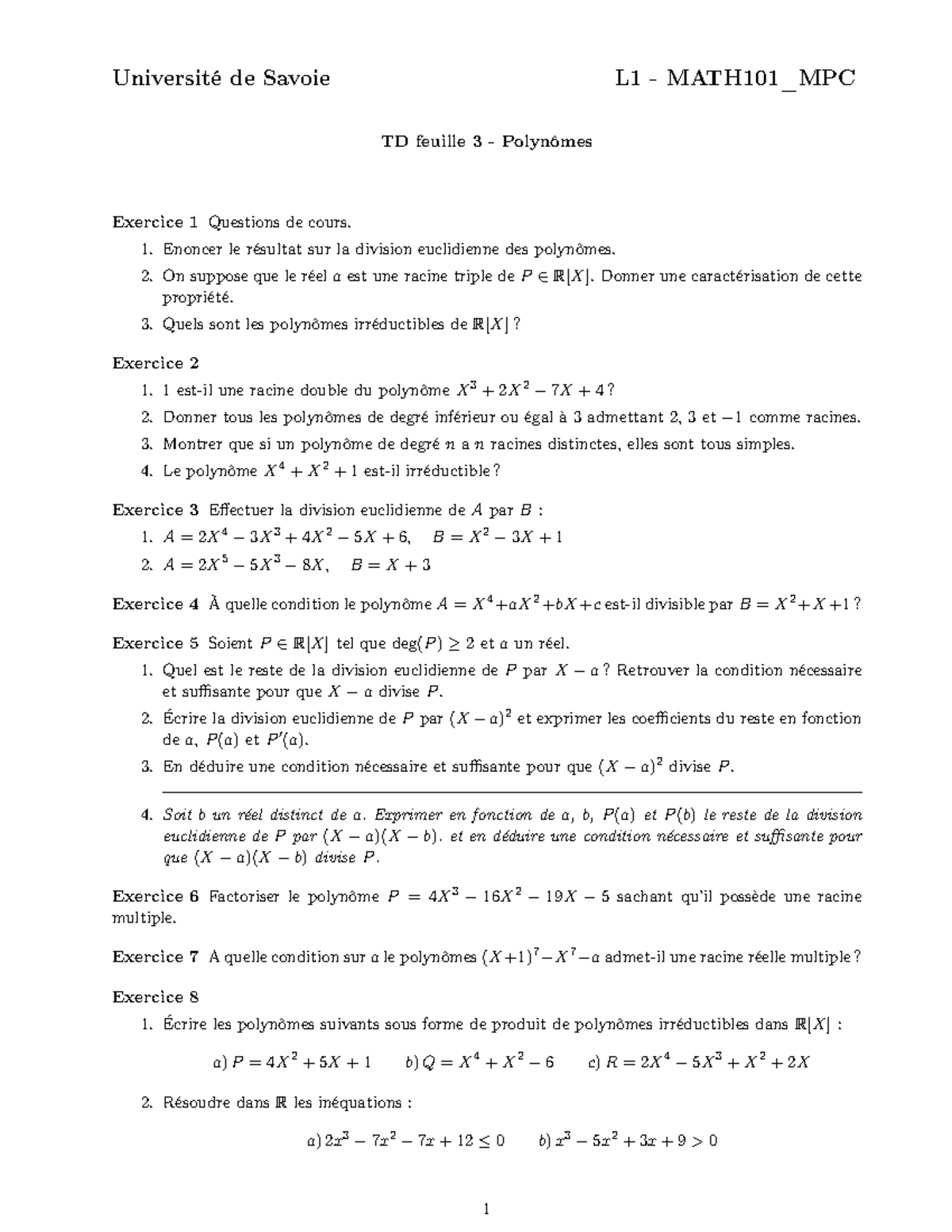 MATH101-TD3 - Polynômes - de Savoie L1 MATH101_MPC TD feuille 3 ...