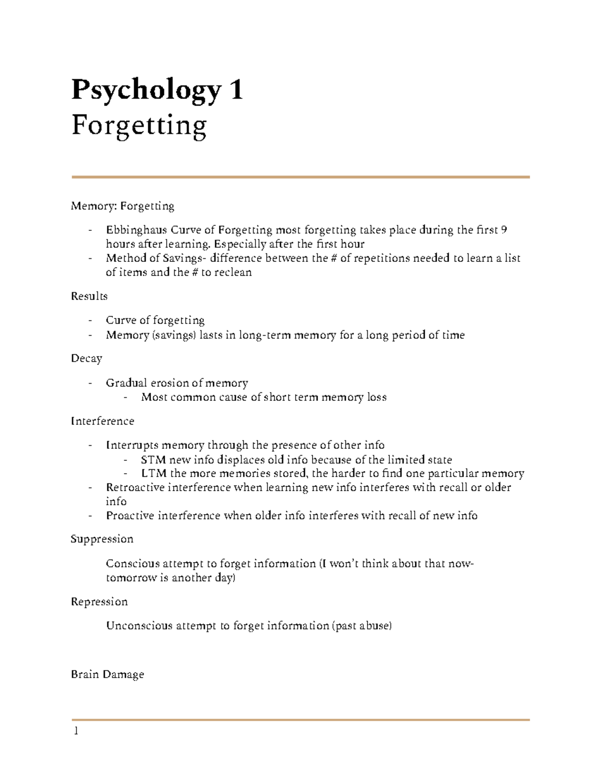 Forgetting Psychology lecture - Psychology 1 Forgetting Memory ...